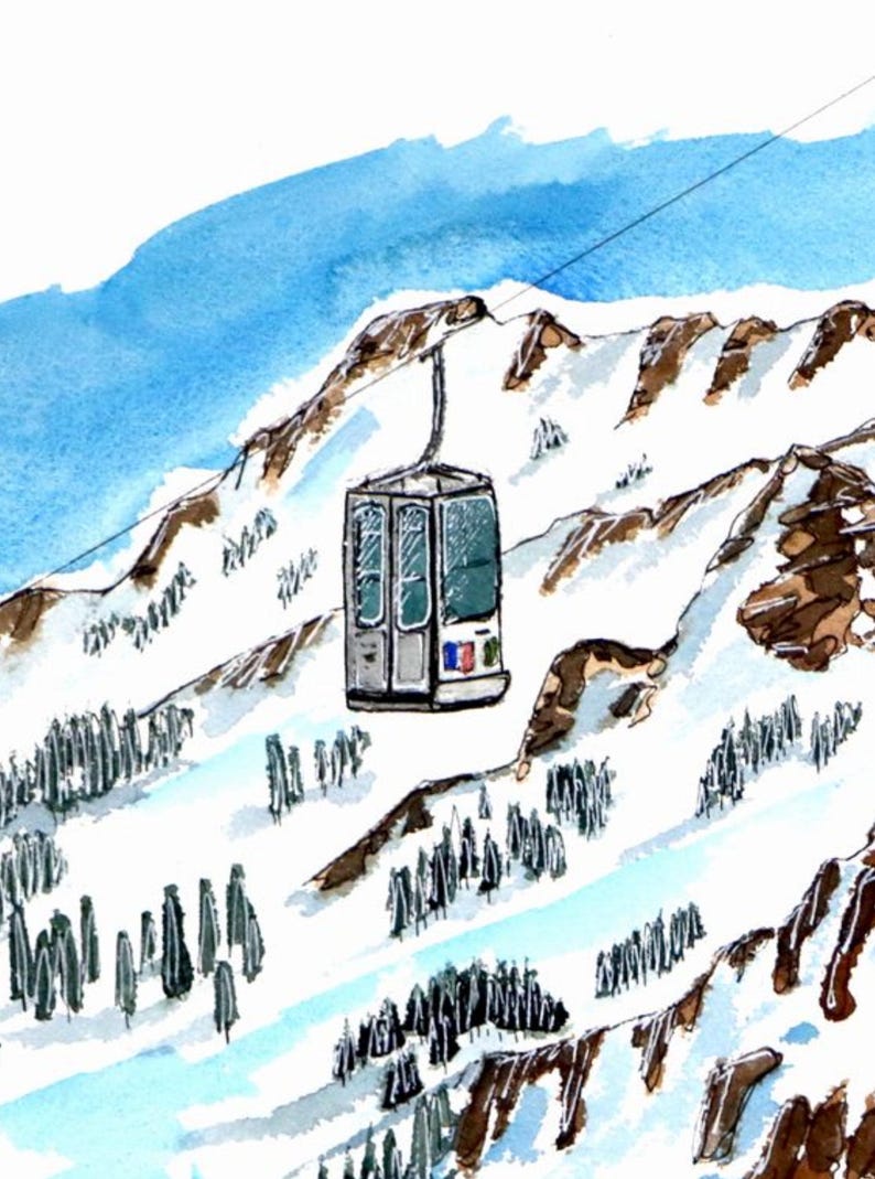 Snowbasin Allen Peak Tram Art - Watercolor & Ink Print - Ski Resort Art ...