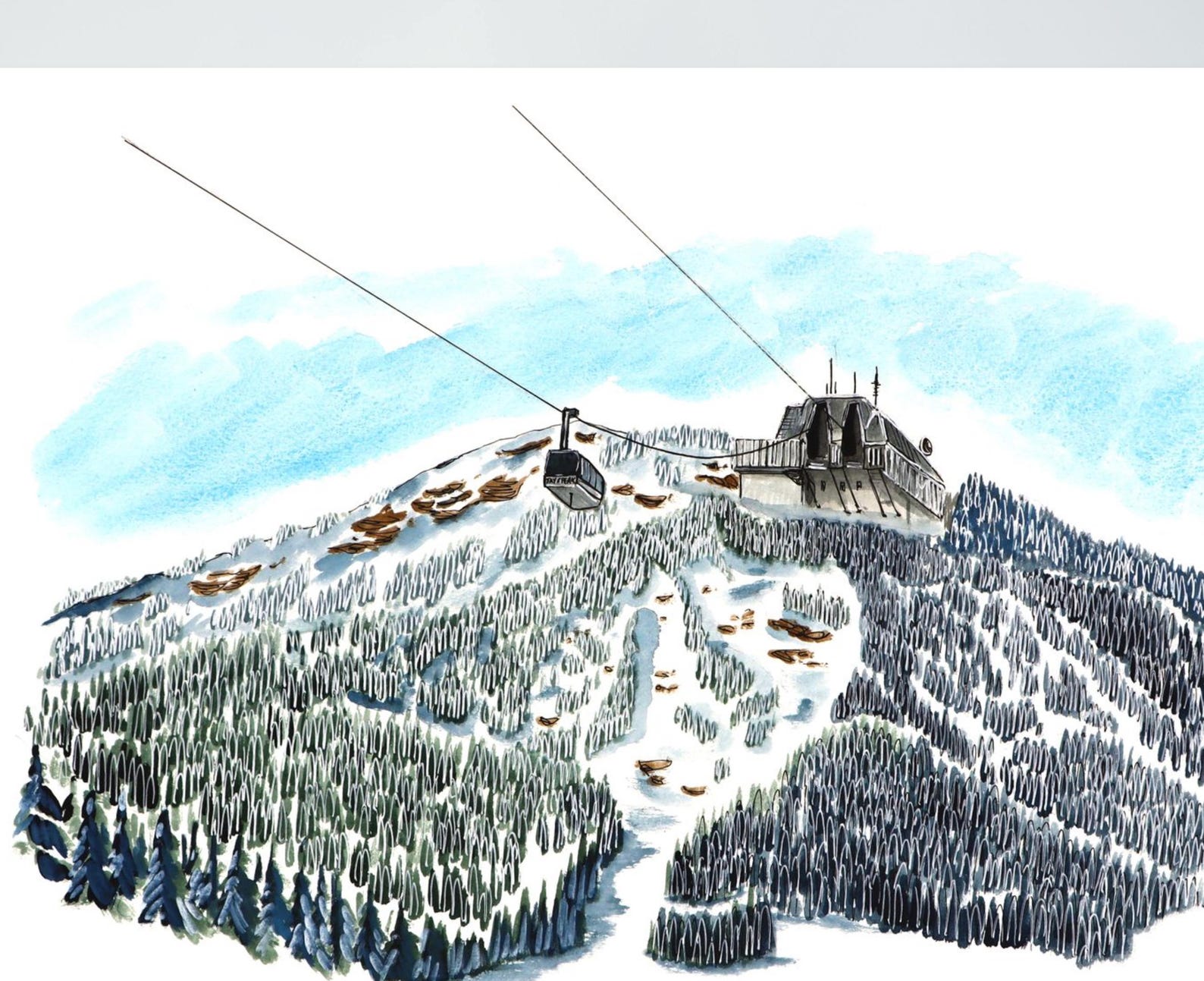 Jay Peak Face Chutes Tram Ski Resort - Watercolor and Ink Print, Jay ...