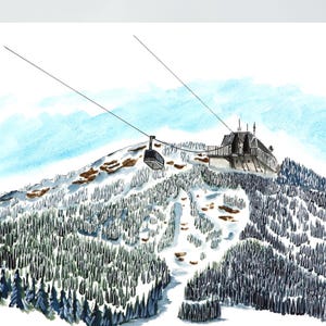 Jay Peak Face Chutes Tram Ski Resort - Watercolor and Ink Print, Jay ...