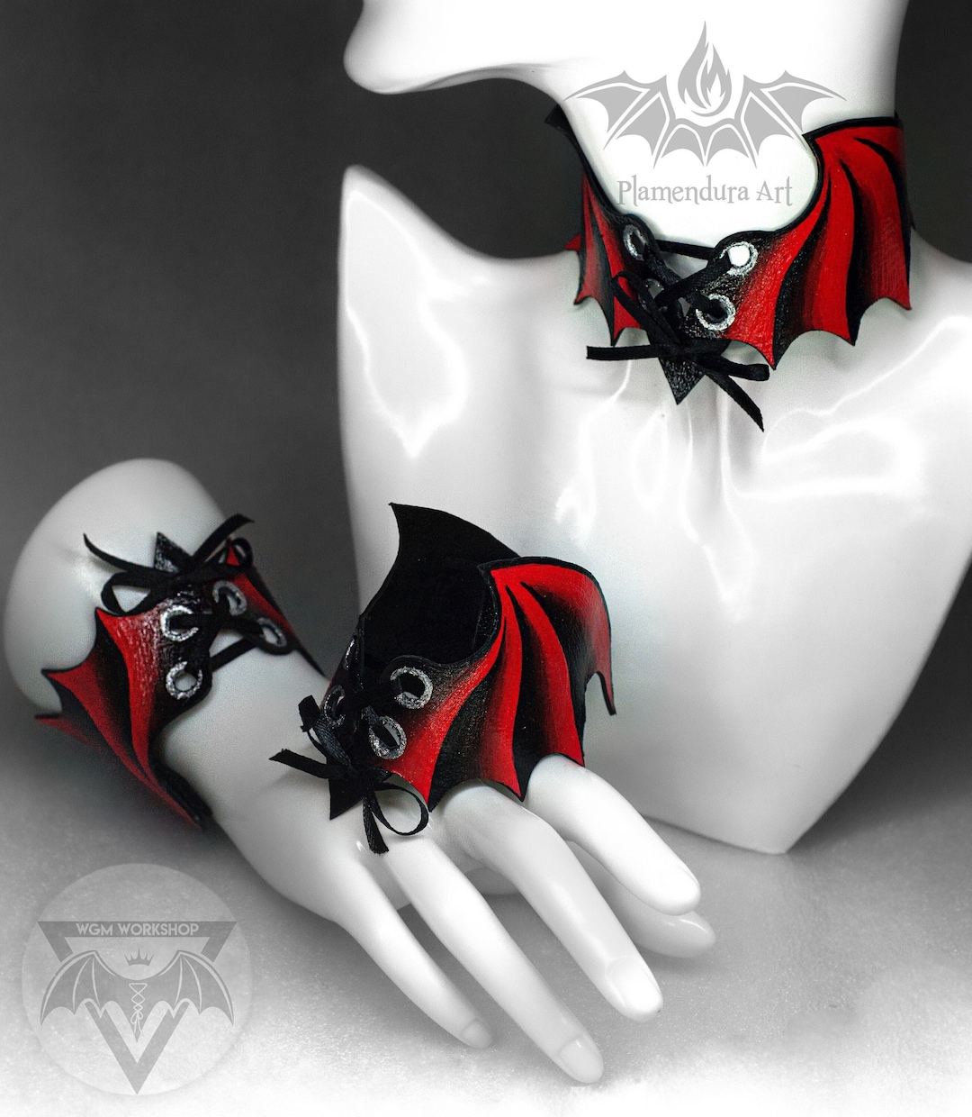 RED BAT WINGS Corset Set Choker & Bracelets Hand-painted Cuffs | Gothic ...