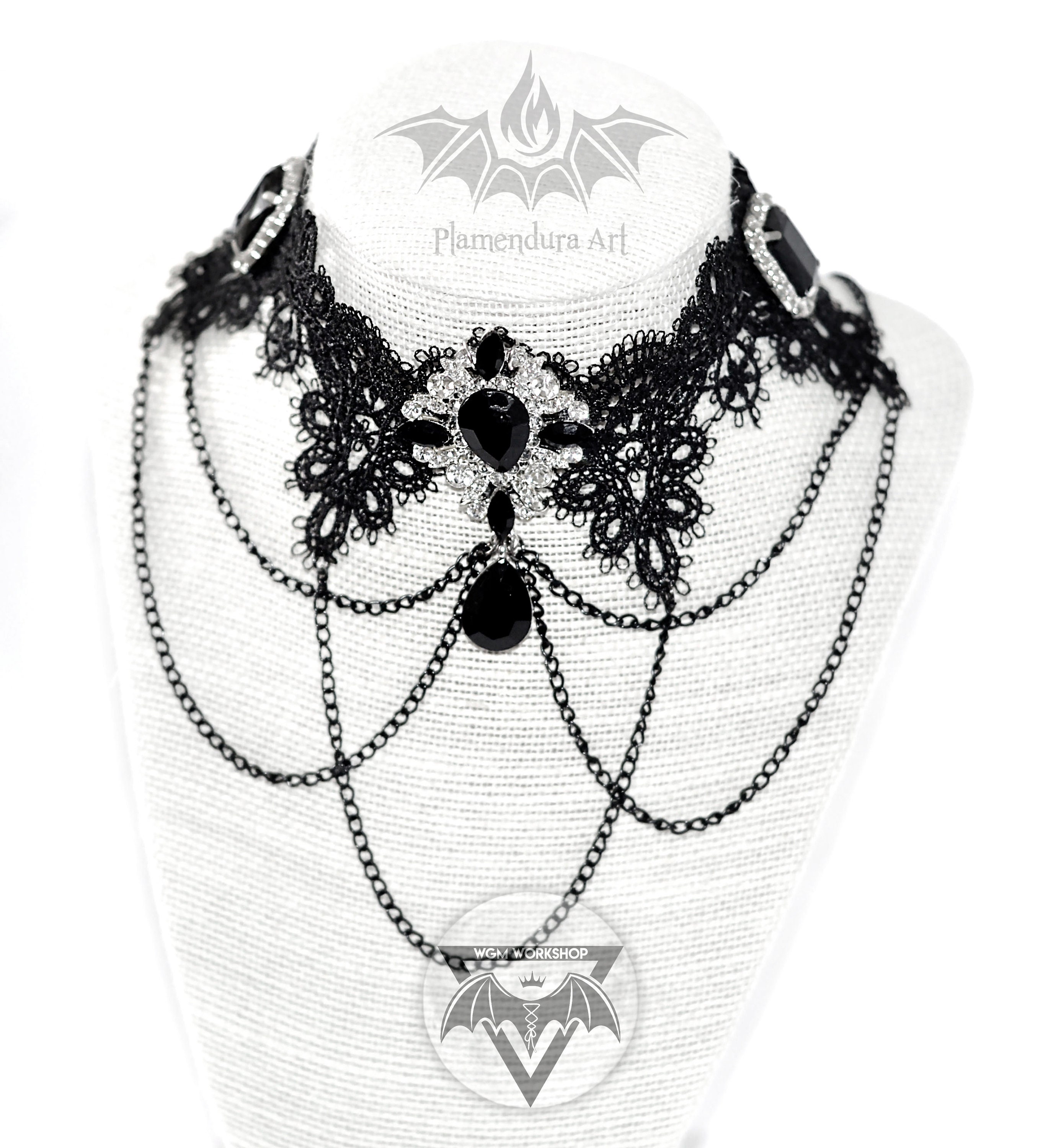 Royal Onyx Lace Necklace With Black and White Rhinestones With Draped ...