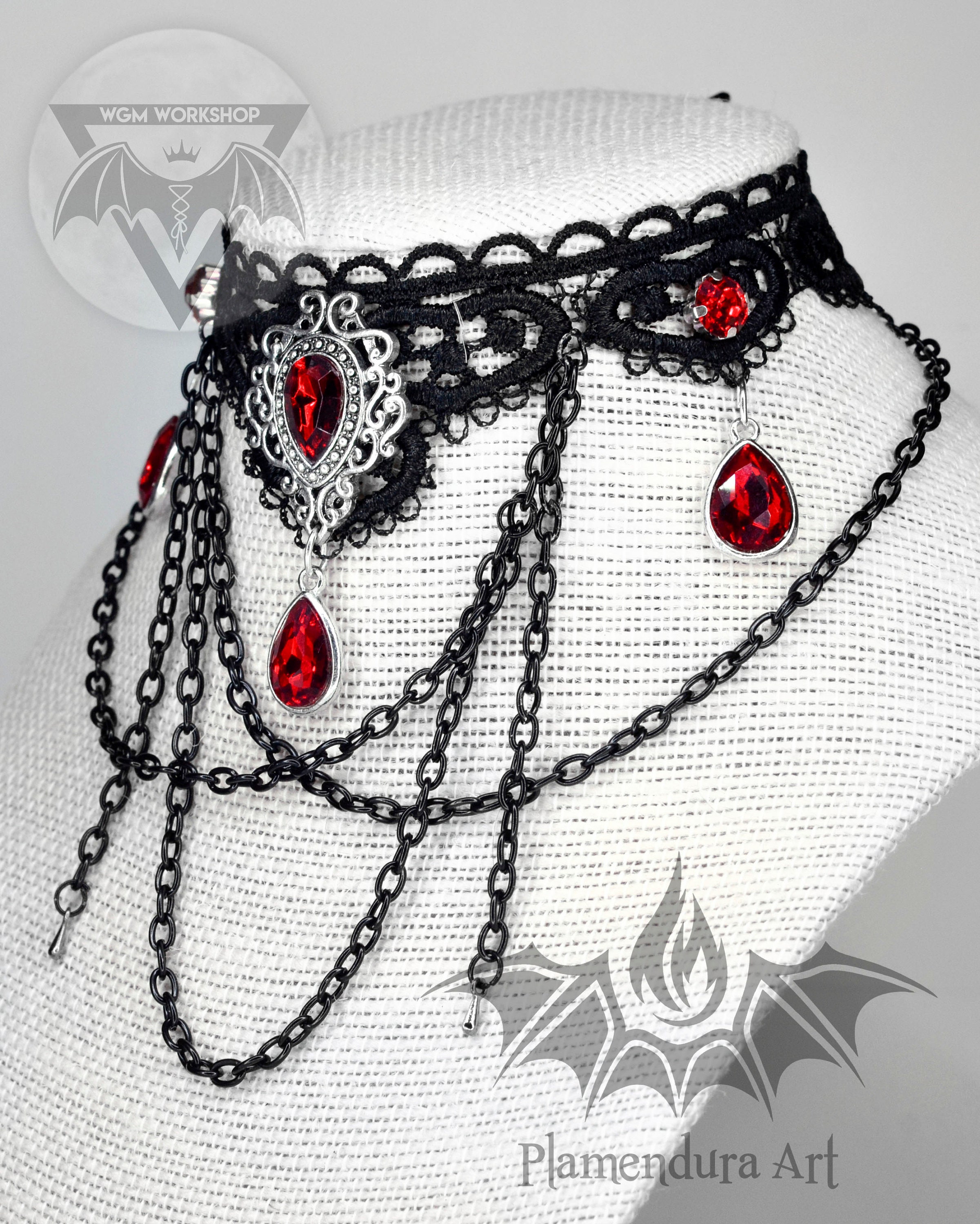 Red Royal Necklace With Black Lace and Rhinestones Plus Draped Chains ...