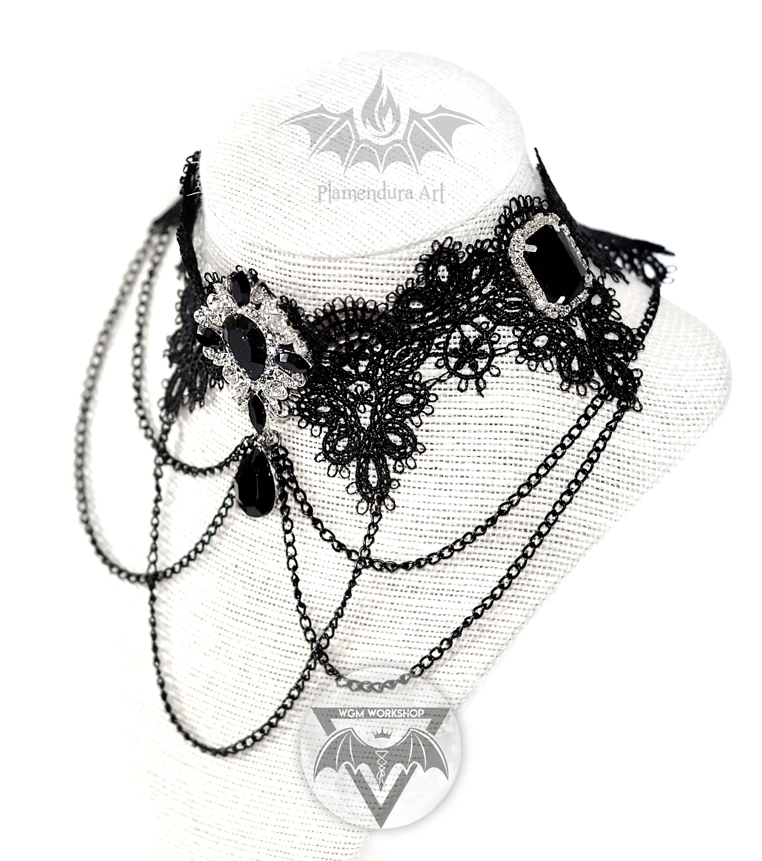 Royal Onyx Lace Necklace With Black and White Rhinestones With Draped ...