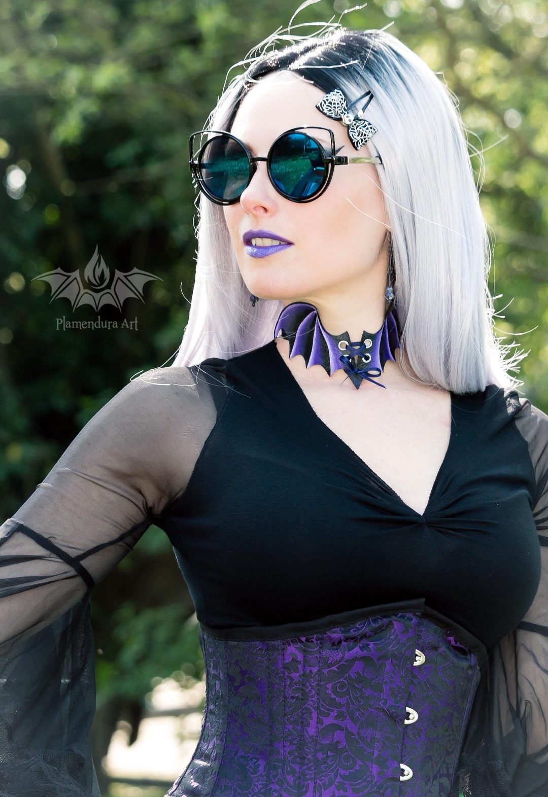 PURPLE BAT WINGS Corset Choker, Hand-painted Necklace, Gothic Dark ...