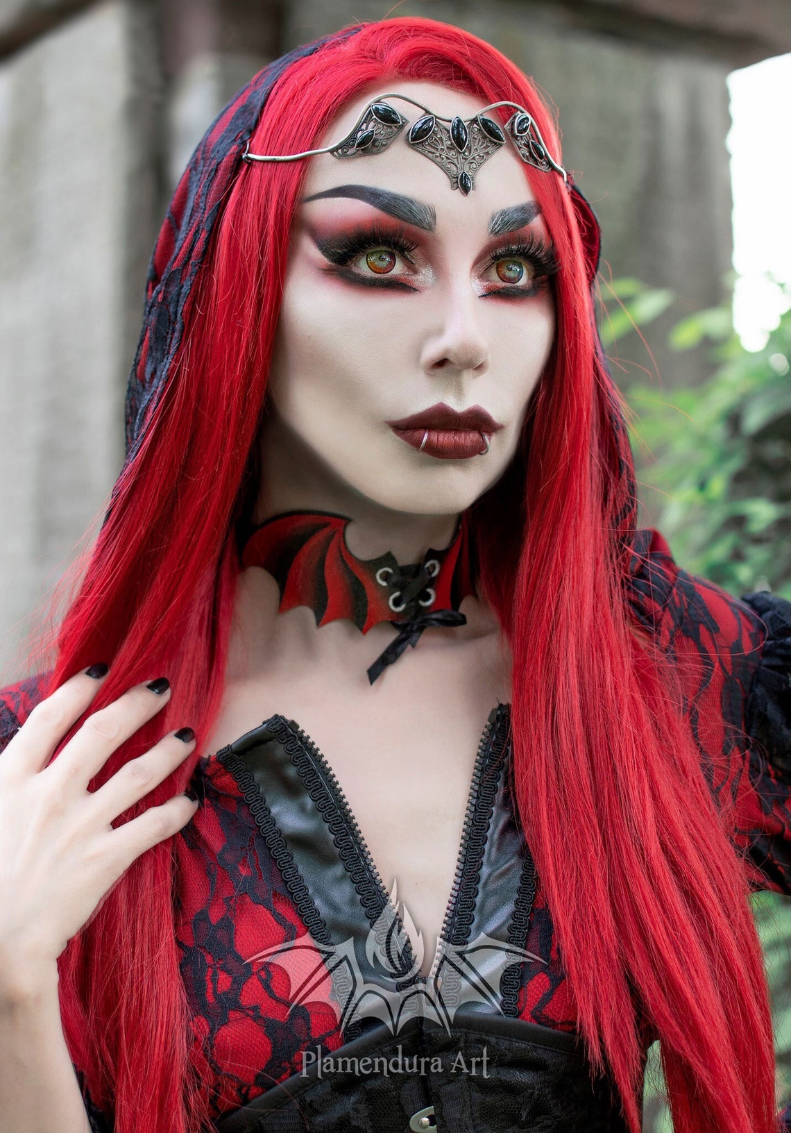 RED BAT WINGS Corset Choker Handmade & Hand-painted Gothic Dark Artwork ...