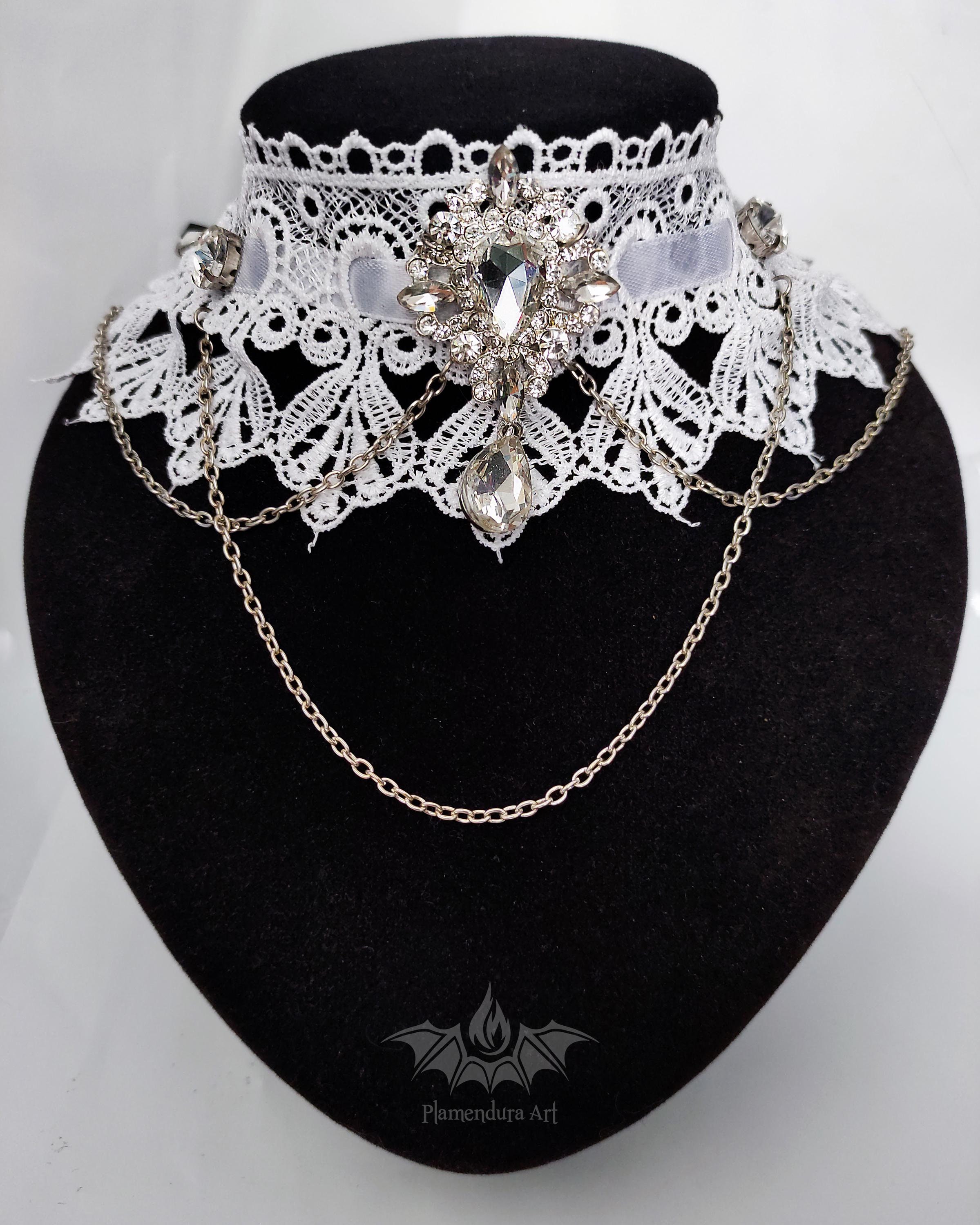 Goth Snow White Lace Necklace With Crystals & Silverish Drаped Chains ...