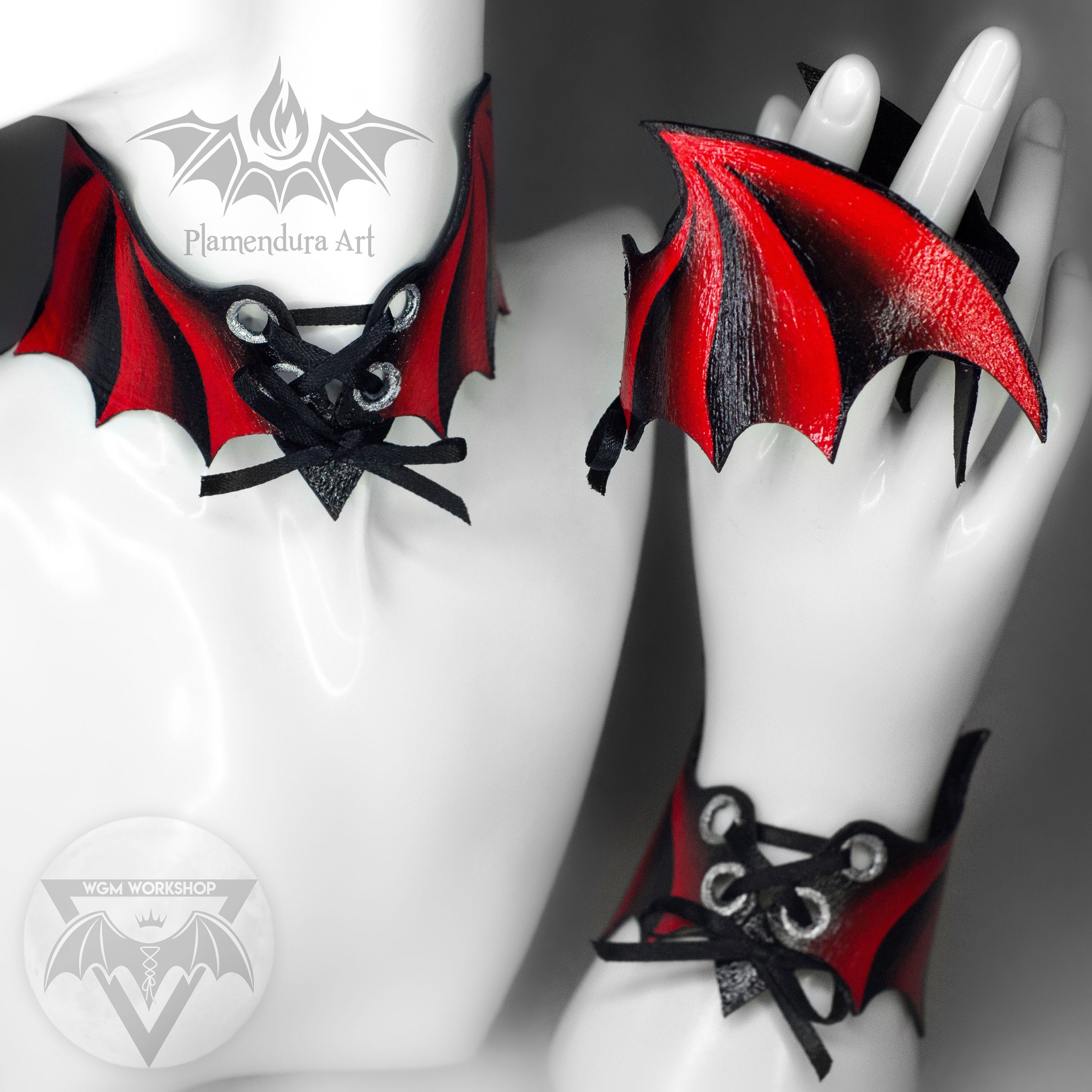 RED BAT WINGS Corset Set Choker & Bracelets Hand-painted Cuffs Gothic ...