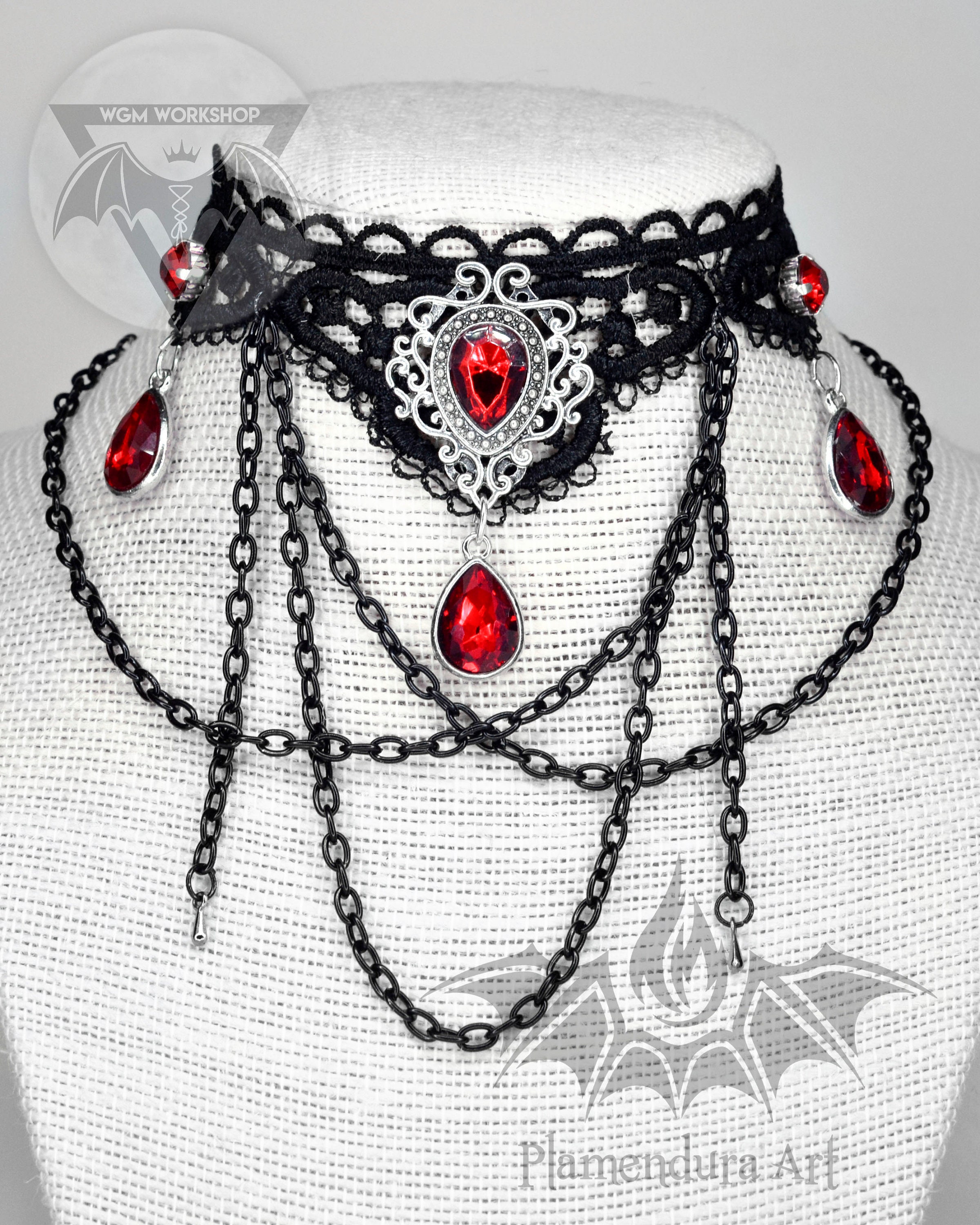 Red Royal Necklace With Black Lace and Rhinestones Plus Draped Chains ...