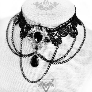 Raven Lace Necklace With Black and White Rhinestones With Black Drаped ...