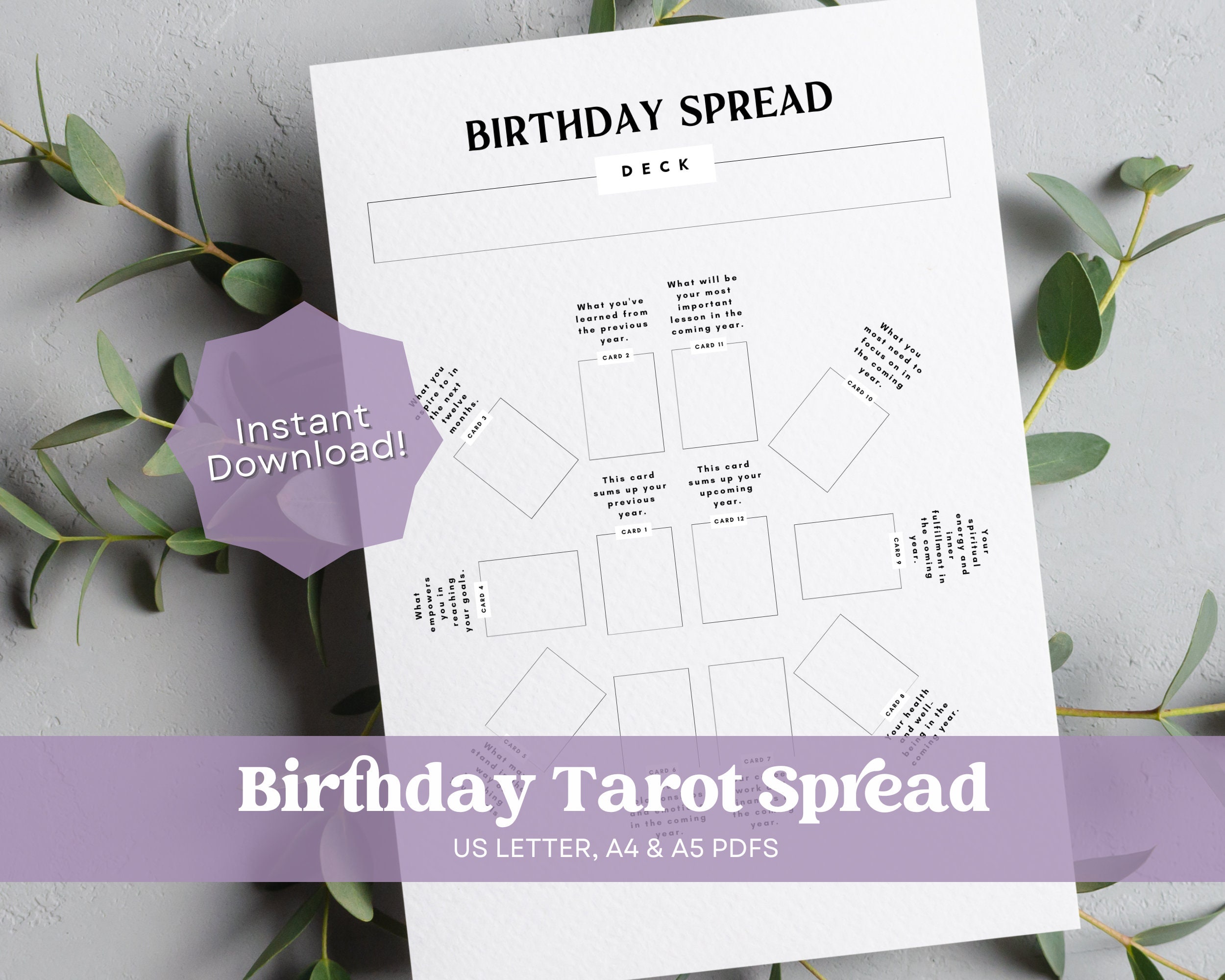 Birthday Tarot Spread Worksheet, Printable Tarot Spreads, Tarot Spread ...