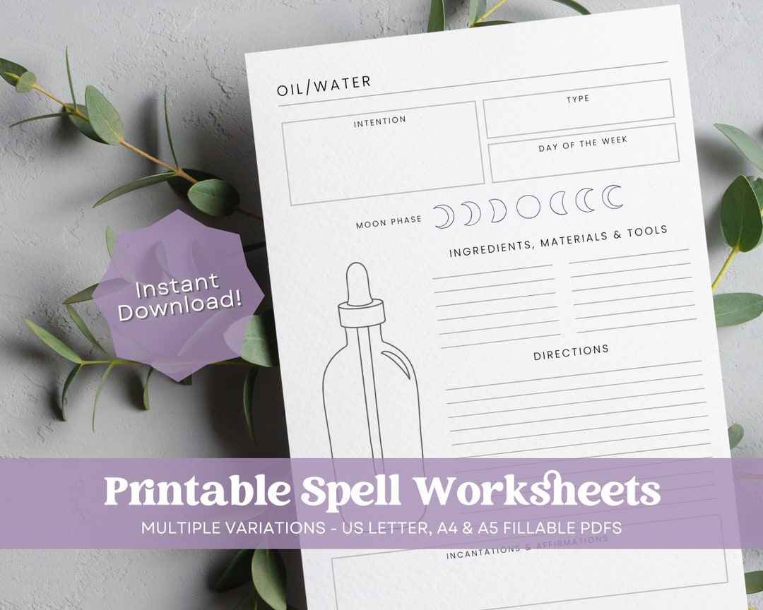 Printable Spell Worksheets, Spell Jar Template, Candle Spell, Printable ...