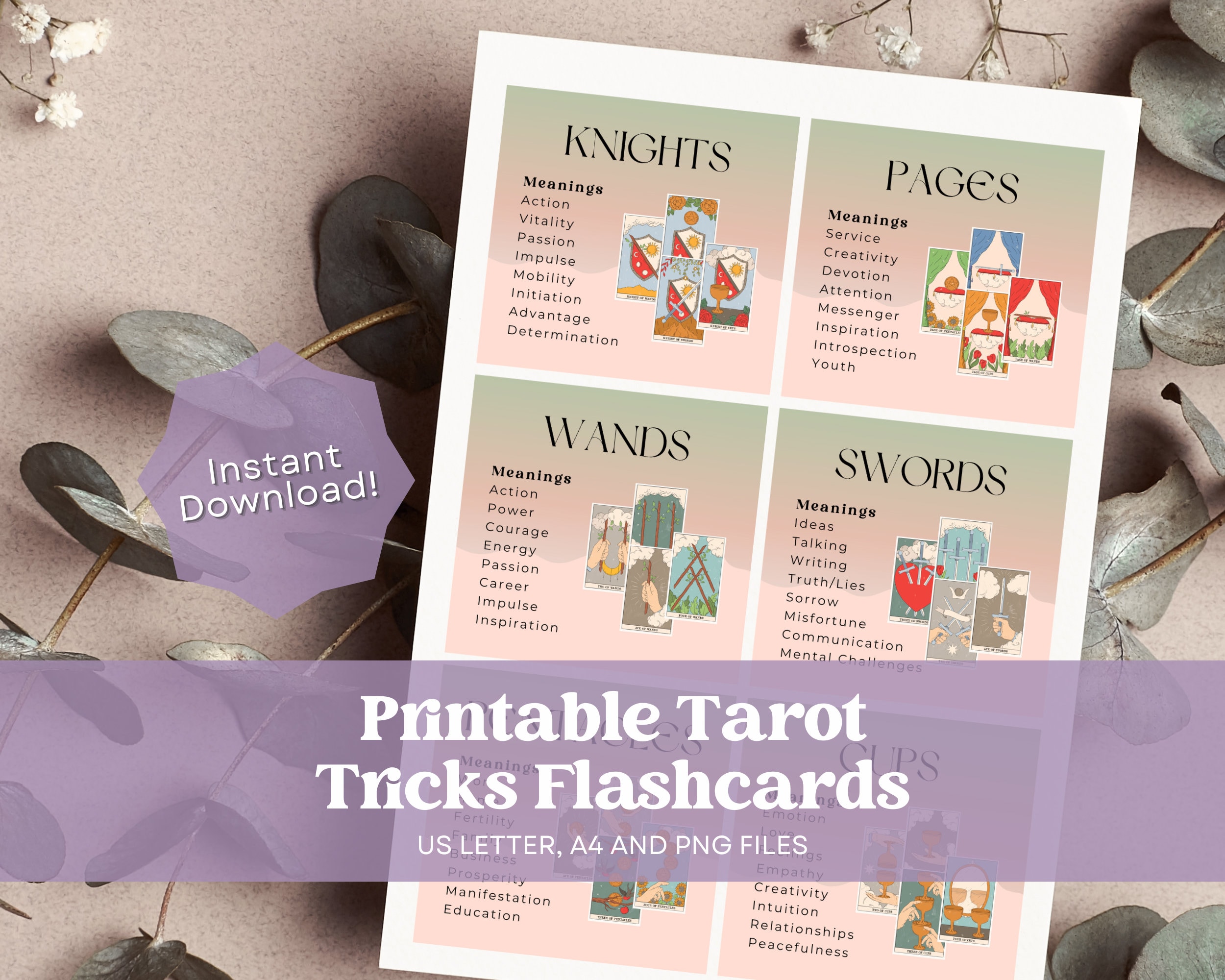 Tarot Flashcards, Tarot Cheat Sheet Printable, Learning Tarot Cards ...