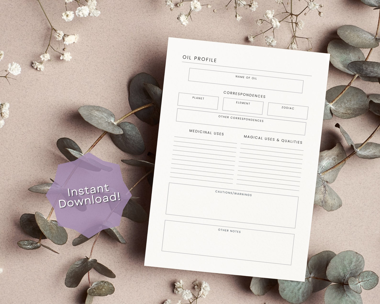 Printable Oil Profile, Essential Oil Worksheet, Printable Grimoire ...