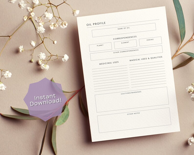 Printable Oil Profile, Essential Oil Worksheet, Printable Grimoire ...