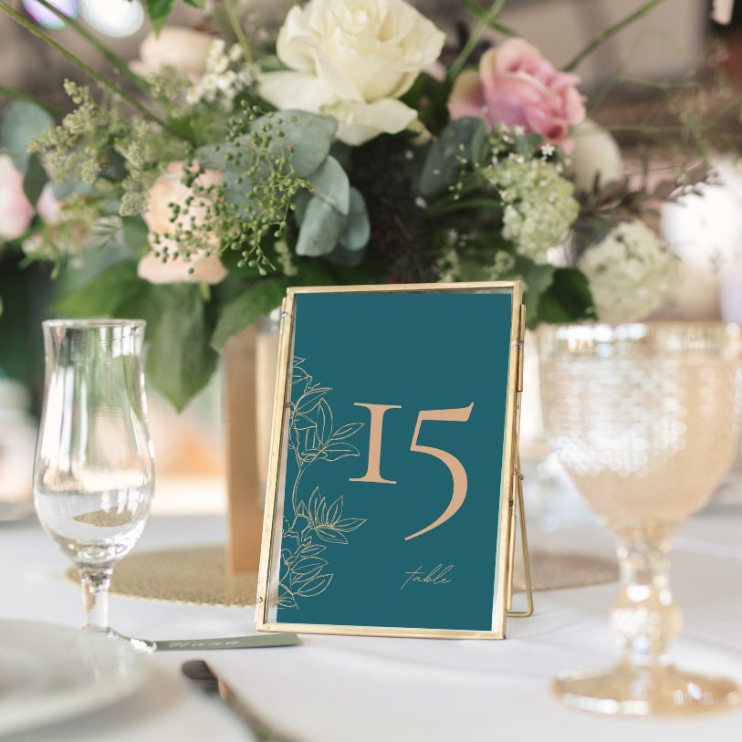 Printable Floral Table Numbers, Teal, Gold, Wedding, Non-editable ...