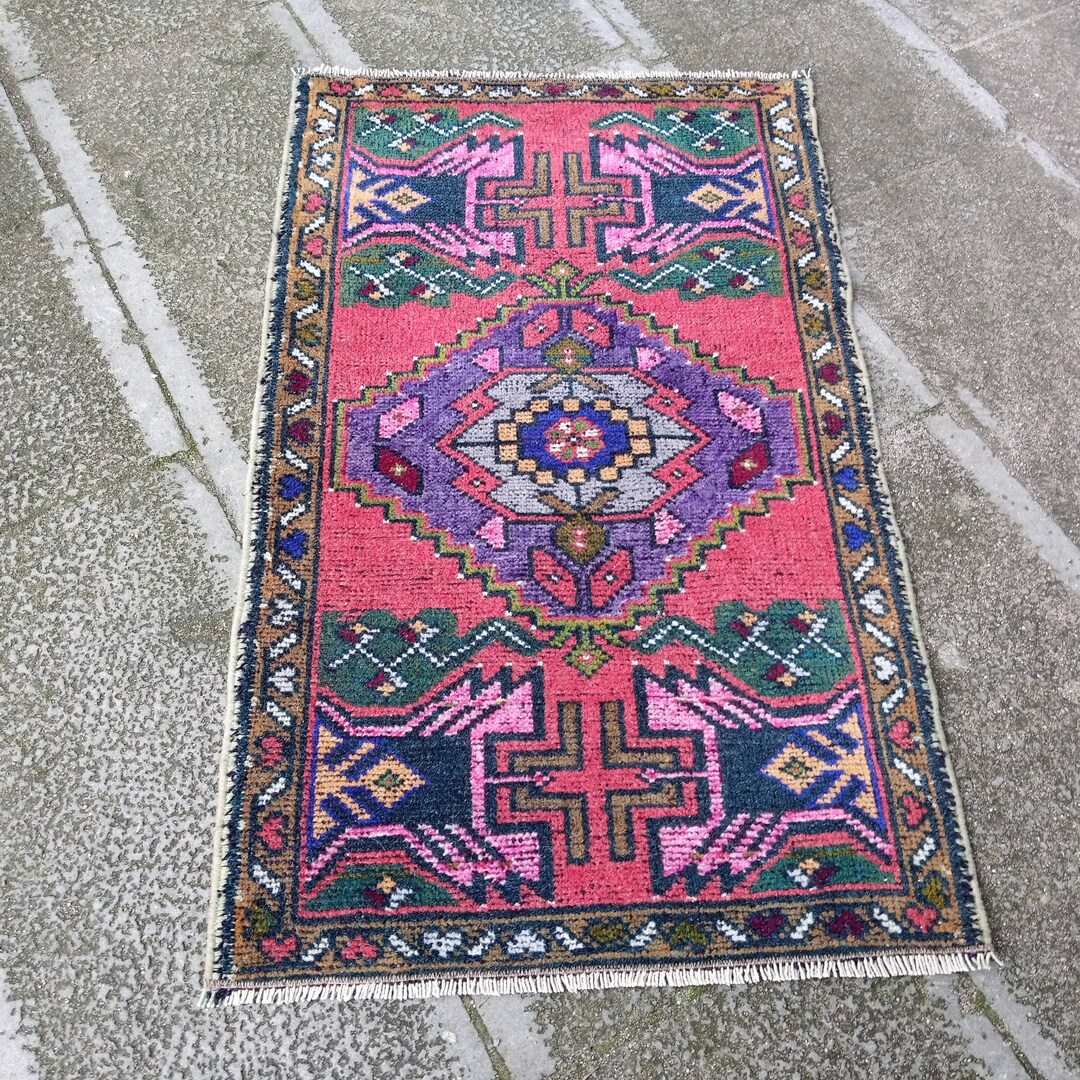 Rare Vintage Small Decor Rug, 3.1x1.8 Ft Bath Rug, Area Small Rug Mat ...
