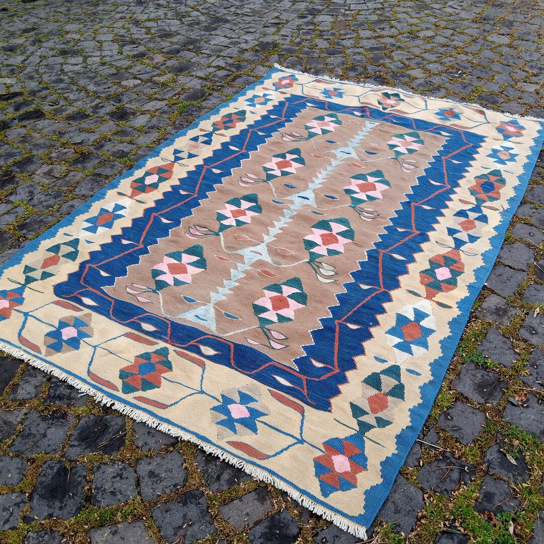 Blue Kilim Rug Vintage,5.2x3.4 Ft Kilim Home Decor, Handmade Boho Kilim ...