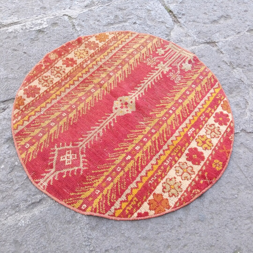 2.6x2.6 Ft Rare Red Antique Round Rug, Round Pastel Rug,low Pile ...
