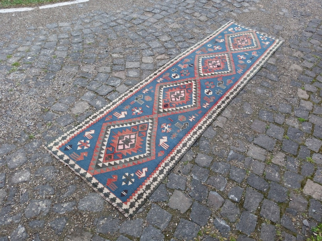 Vintage Blue Runner Rug, Area Wool Runner Rug, Kitchen Decor Runner ...