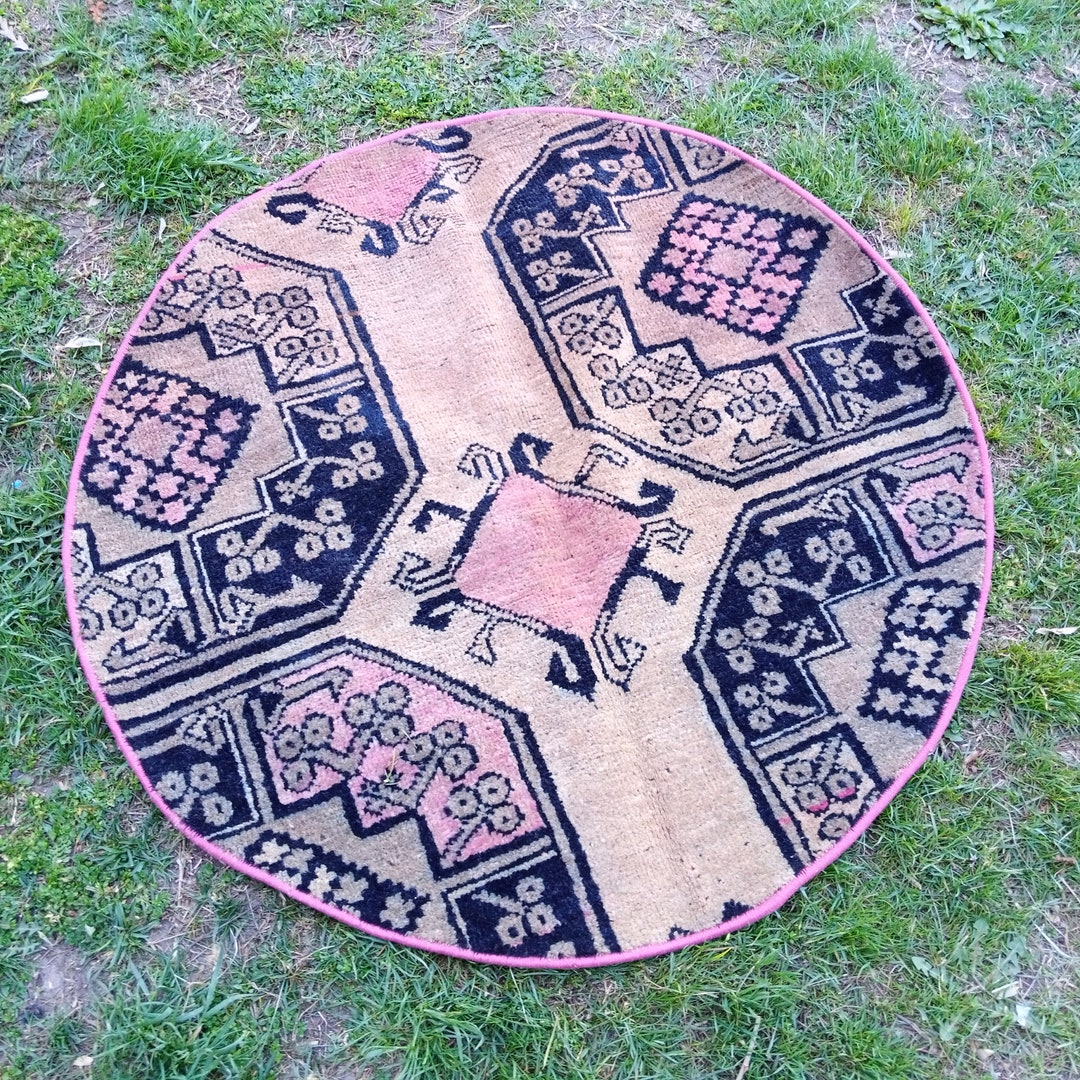 Rare Kilim Red Antique Round Rug, 2.6x2.6 Ft Round Pastel Rug,low Pile ...