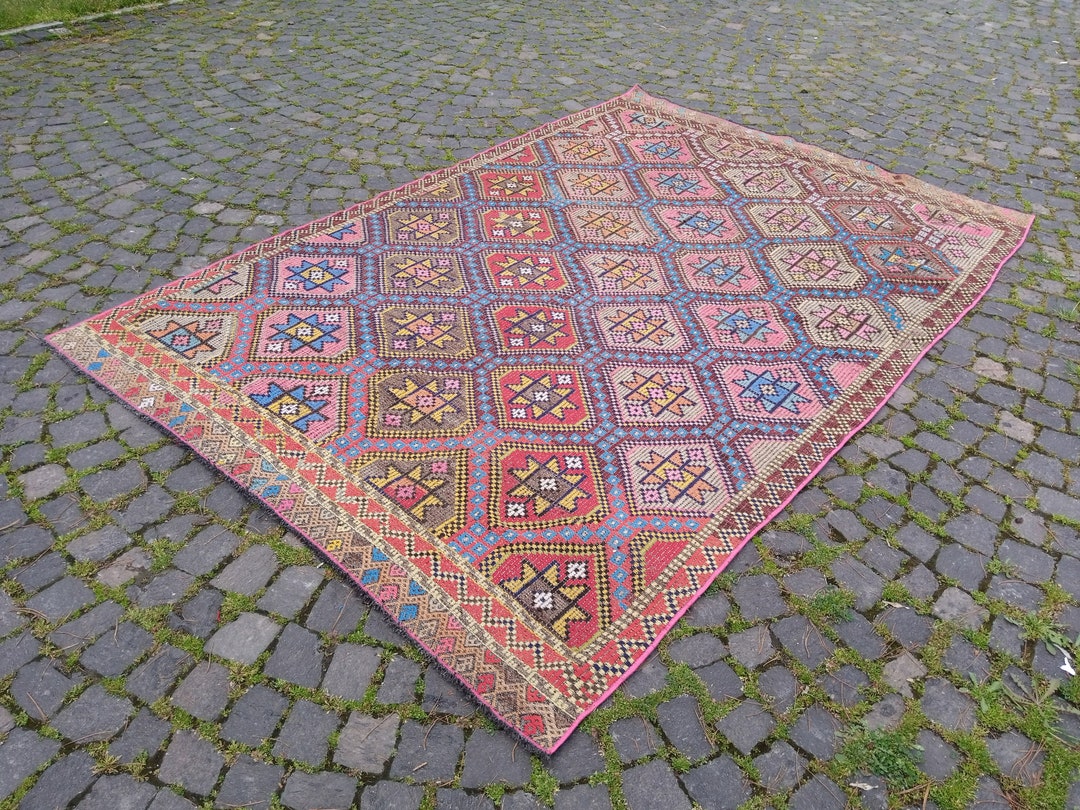 Pink Kilim Emboidery, Pink Turkish Kilim, Pink Handmade Kilim Rug ...