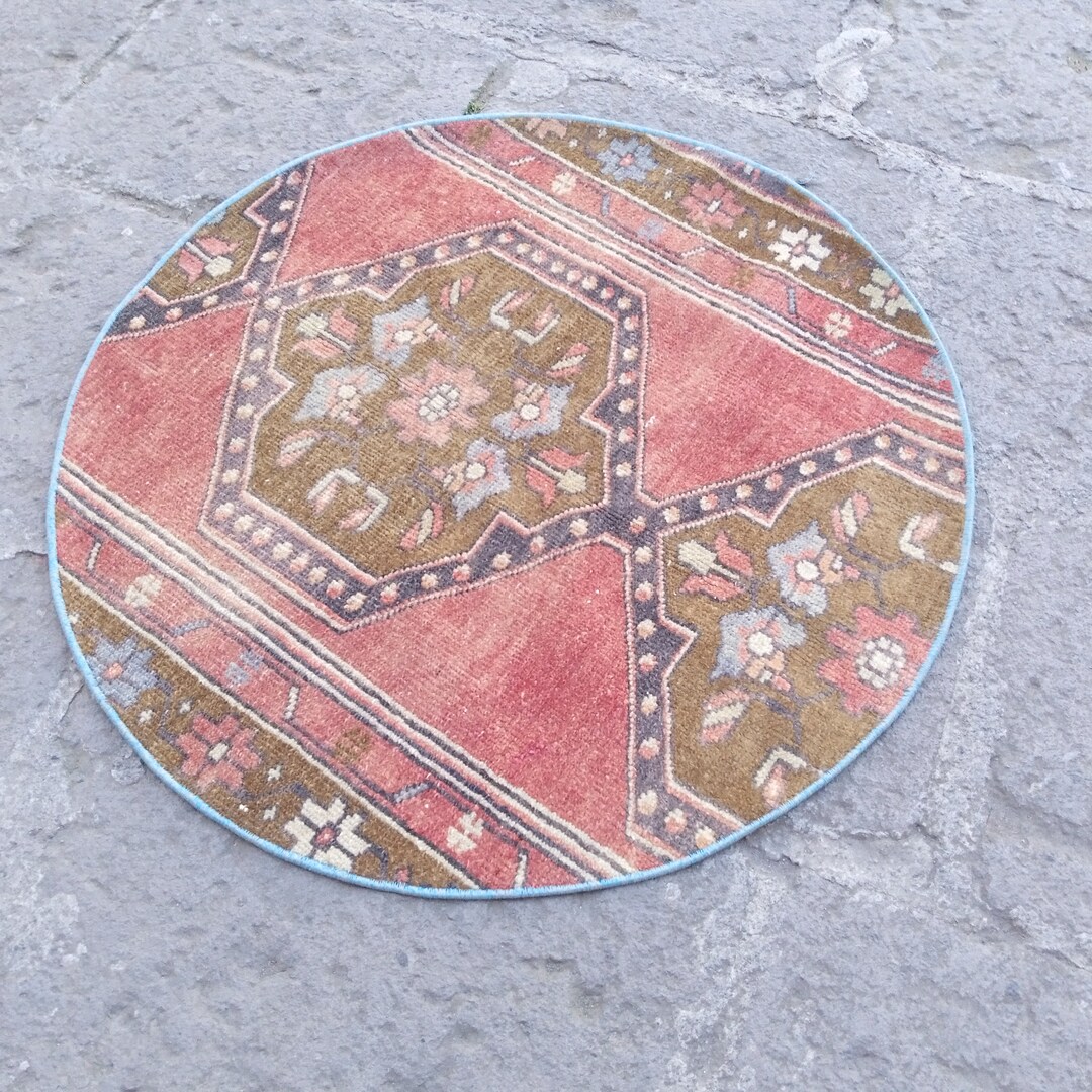 Kilim Rare Red Antique Round Rug, 2.9x2.9 Ft Round Pastel Rug,low Pile ...