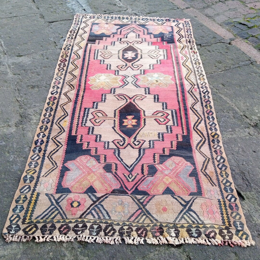 Kurdish Vintage Kilim, 3.6x7 Ft Kilim Rug, Saloon Kilim Rug, Wool Kilim ...