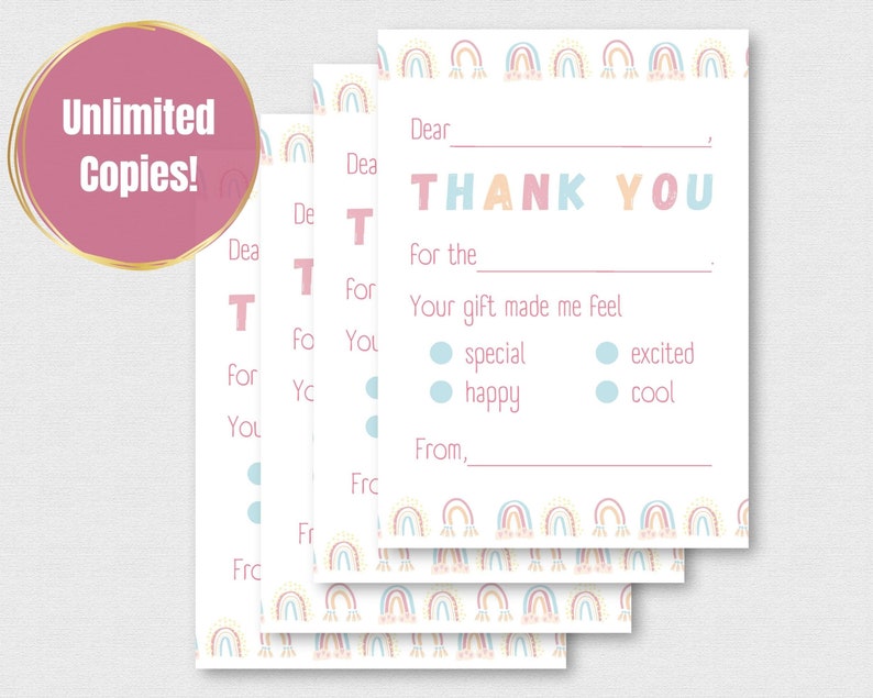 Printable Kids Fill in the Blank Thank You Card, Kids Rainbow Thank You ...