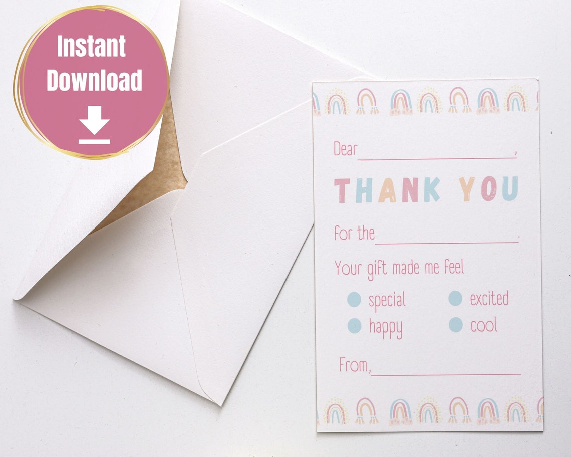 Printable Kids Fill in the Blank Thank You Card, Kids Rainbow Thank You ...