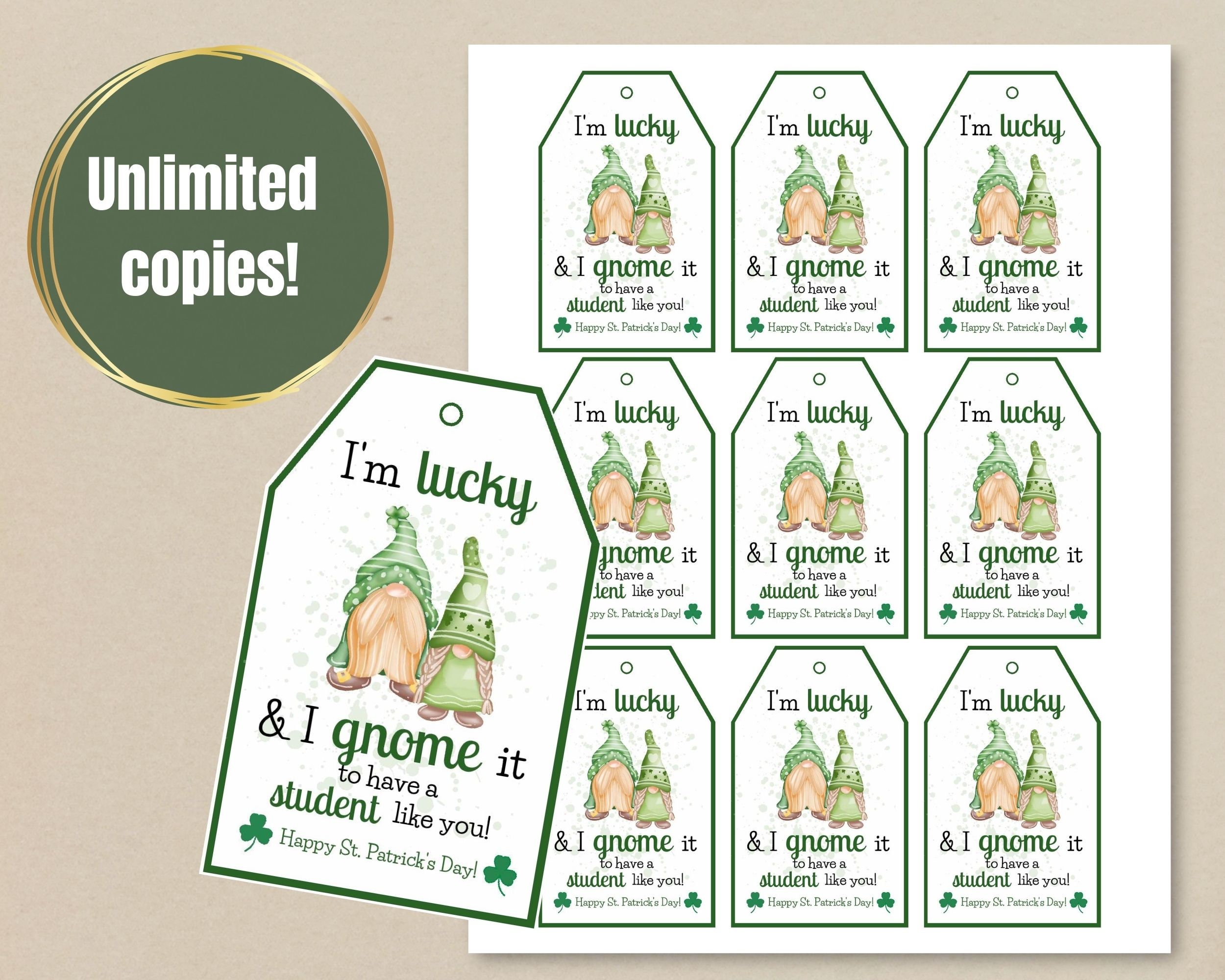 St. Patrick's Day Printable Gift Tag for Student, Gnome Gift Tag for ...
