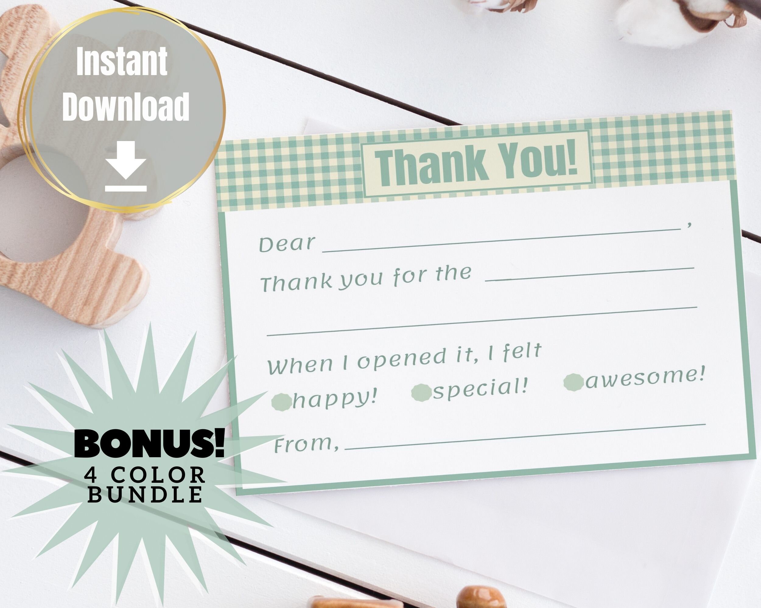 Kids Fill in the Blank Thank You Cards, 4 Color Gingham Kids Thank You ...