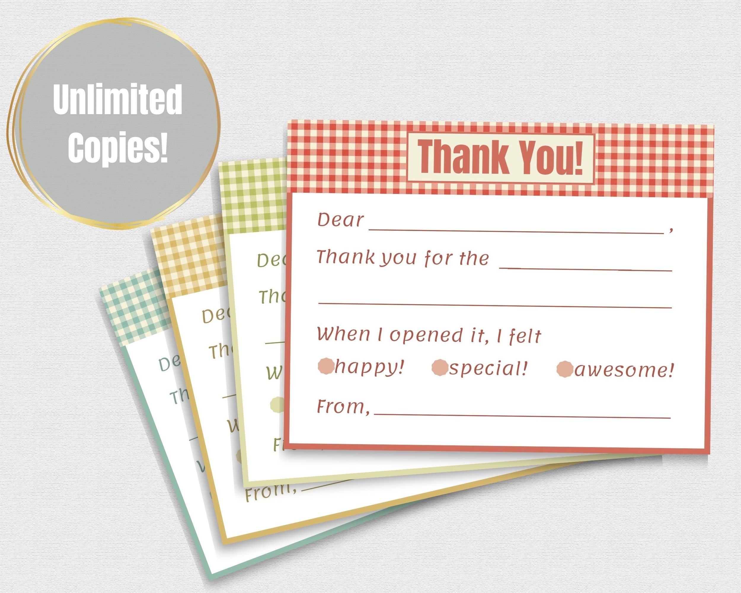 Kids Fill in the Blank Thank You Cards, 4 Color Gingham Kids Thank You ...
