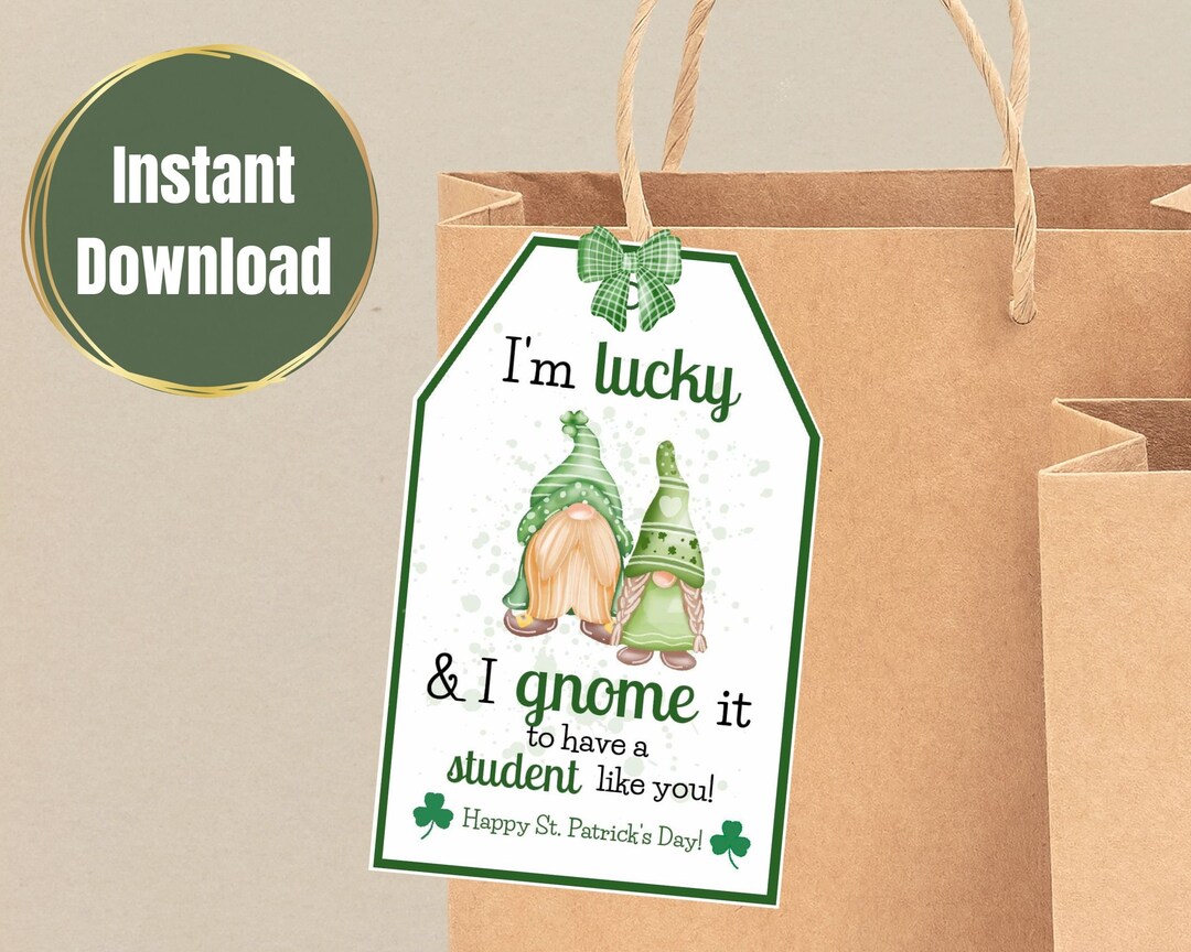 St. Patrick's Day Printable Gift Tag for Student, Gnome Gift Tag for ...