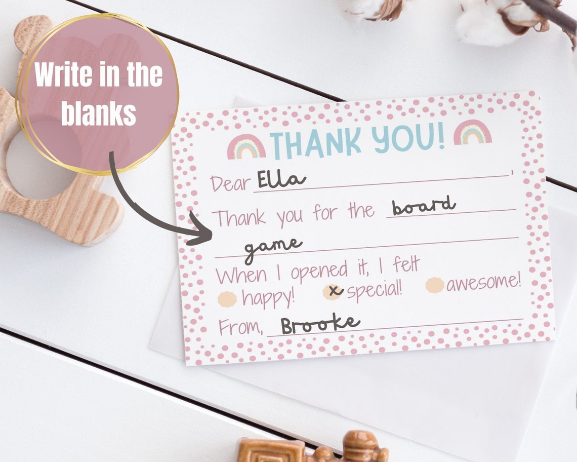 Printable Kids Fill in the Blank Thank You Card, Rainbow Thank You Card ...