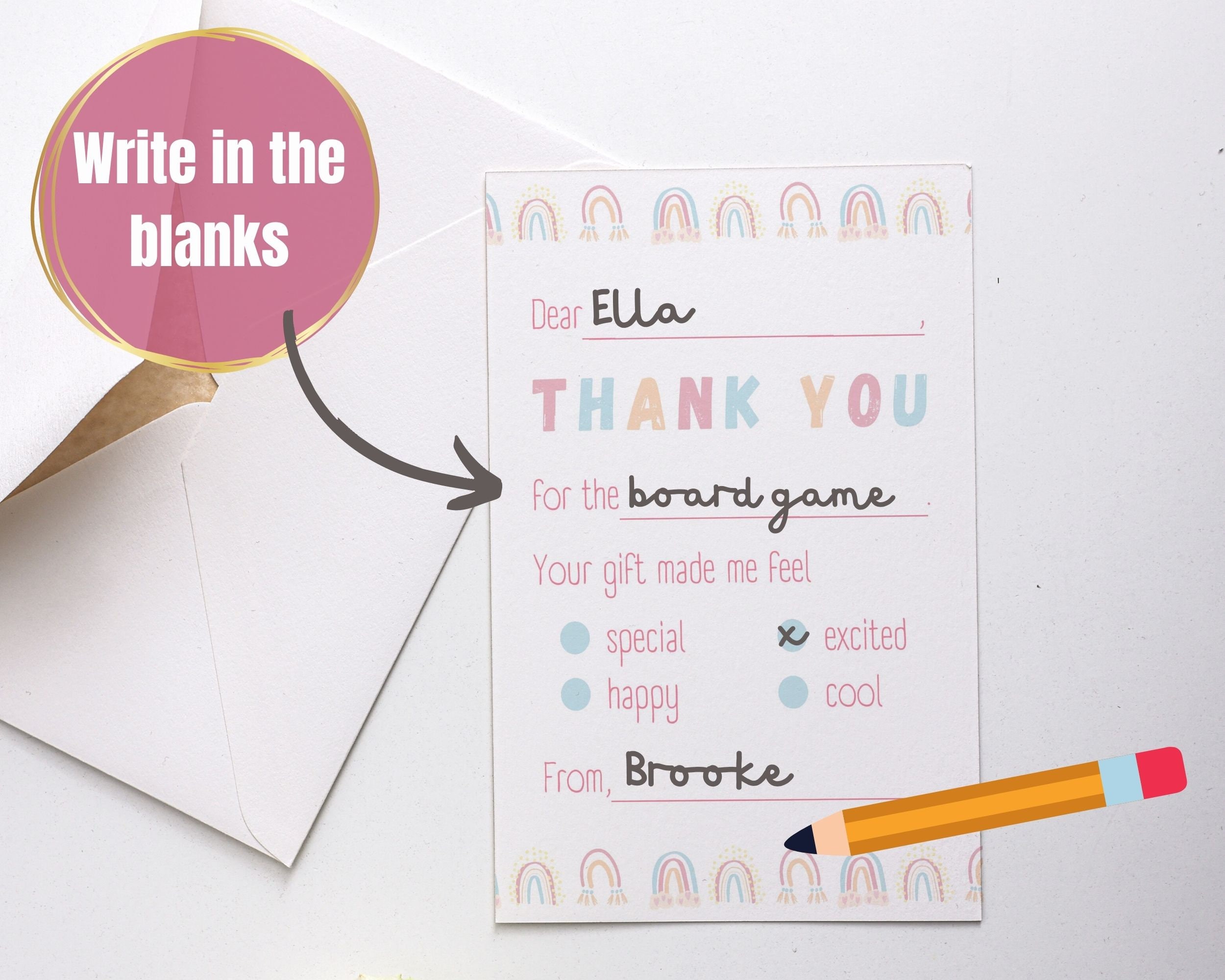 Printable Kids Fill in the Blank Thank You Card, Kids Rainbow Thank You ...