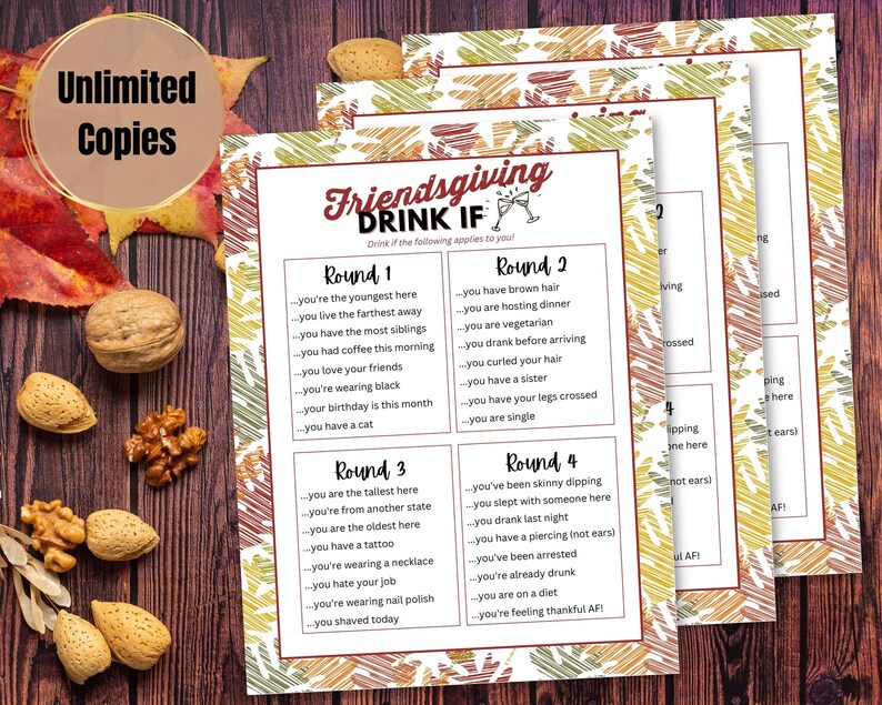 Friendsgiving Drink If Game, Printable Drinking Game, Thanksgiving ...