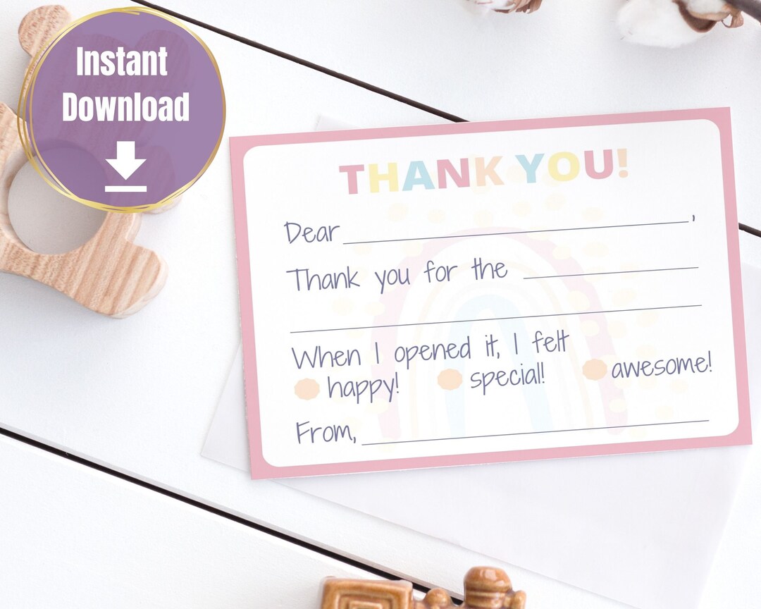 Printable - Kids Fill in the Blank Thank You Card, Rainbow Thank You ...