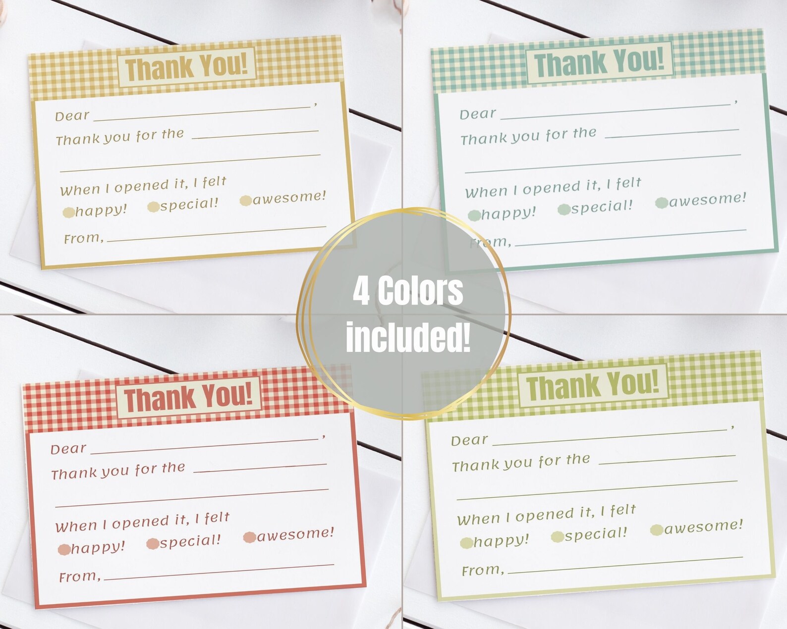 Kids Fill in the Blank Thank You Cards, 4 Color Gingham Kids Thank You ...