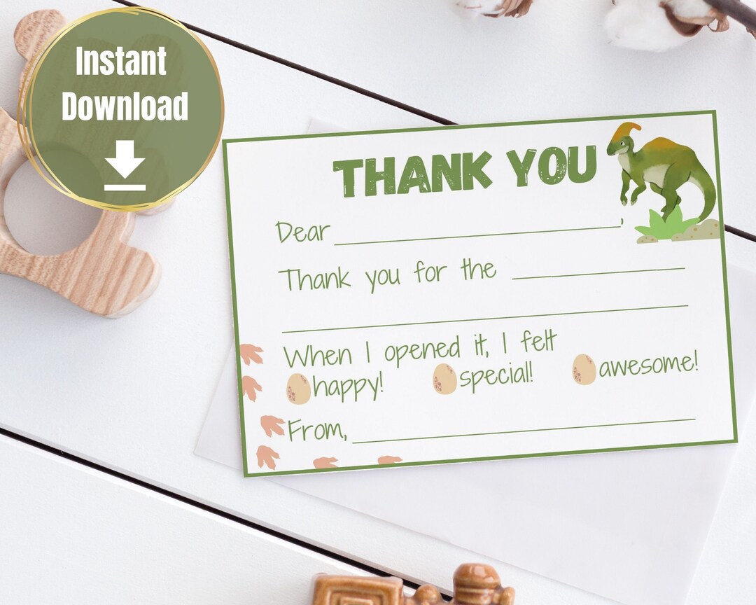 Printable Kids Fill in the Blank Thank You, Kids Dinosaur Thank You ...