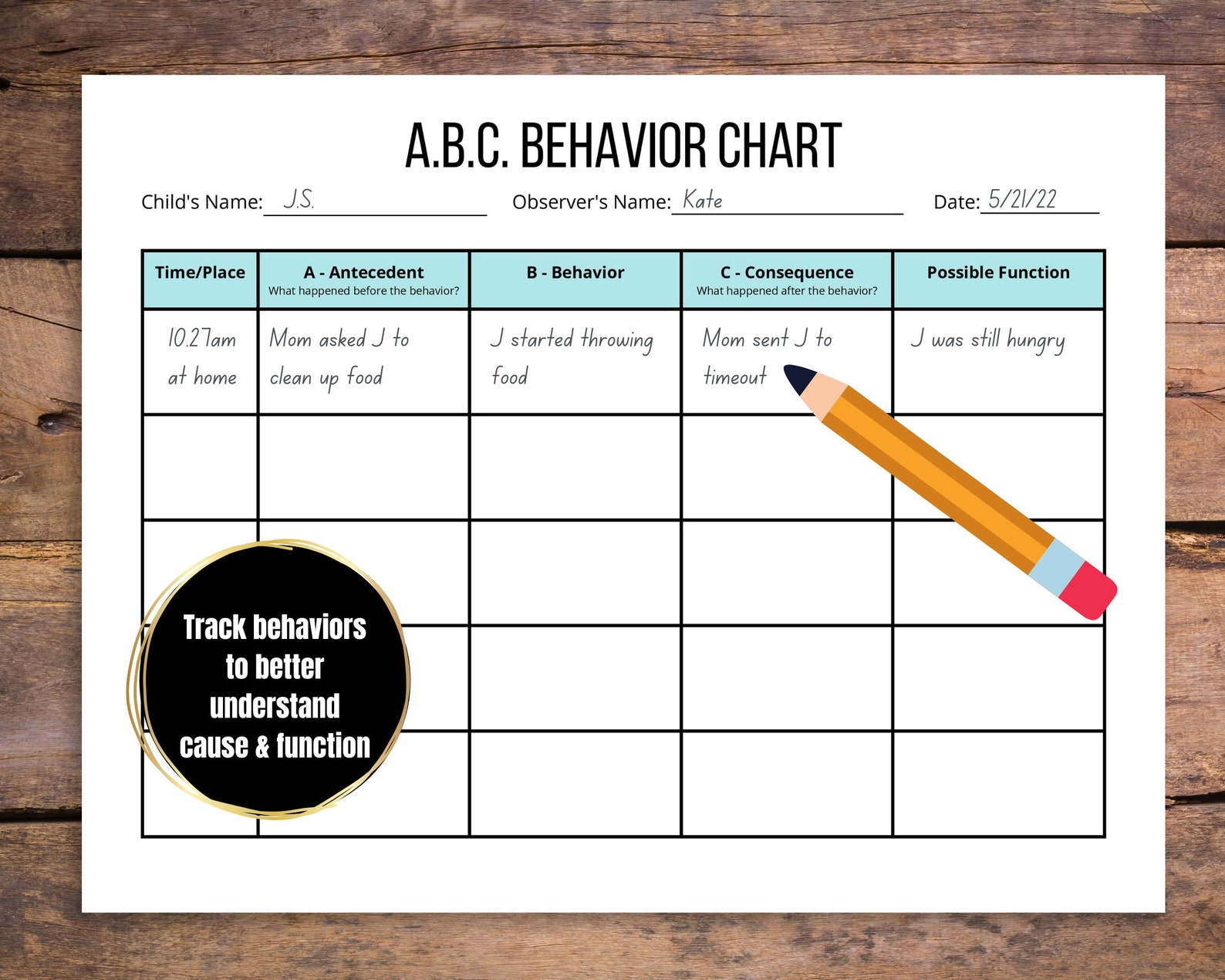 ABC Behavior Chart Behavior Tracking Printable Etsy