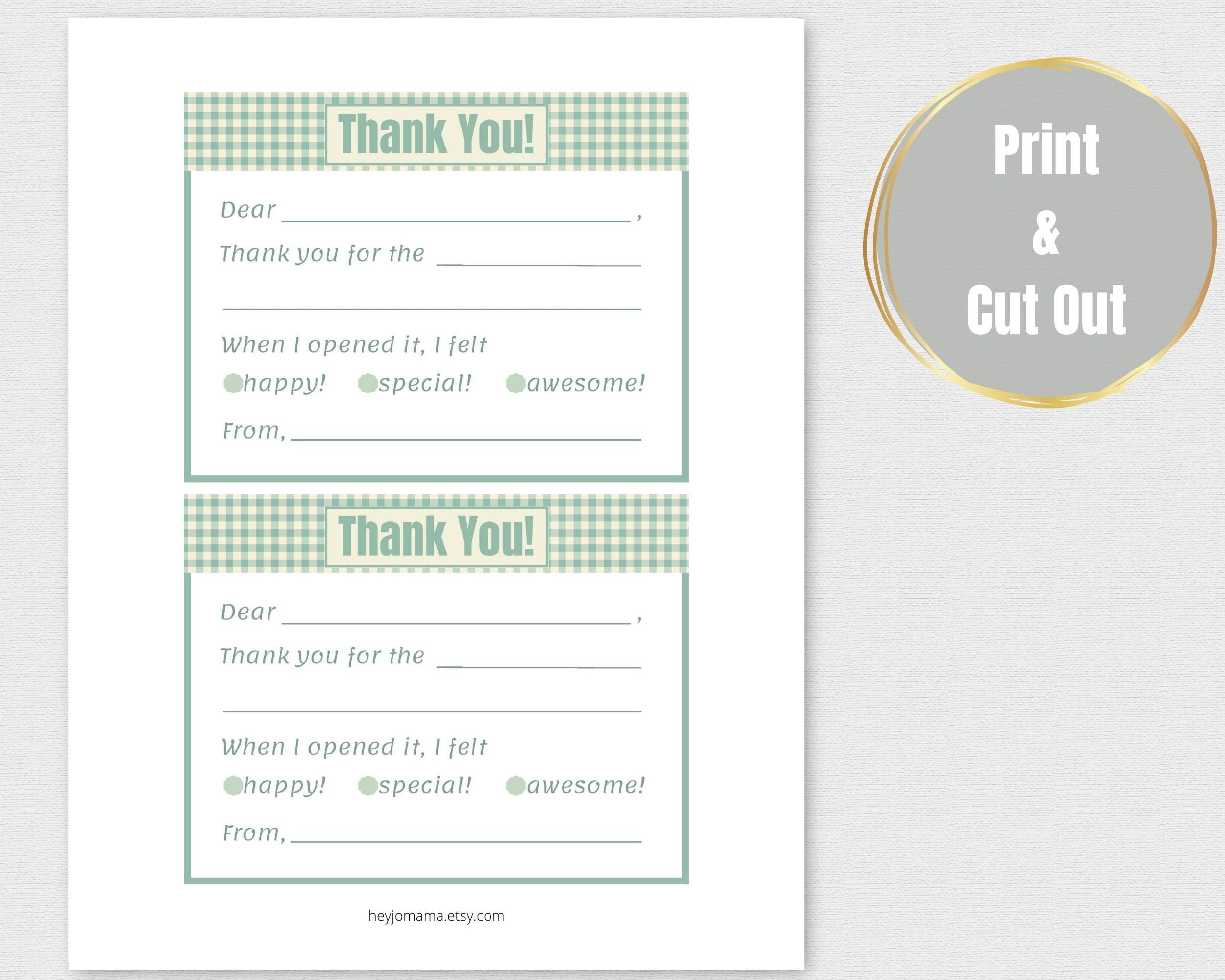 Kids Fill in the Blank Thank You Cards, 4 Color Gingham Kids Thank You ...