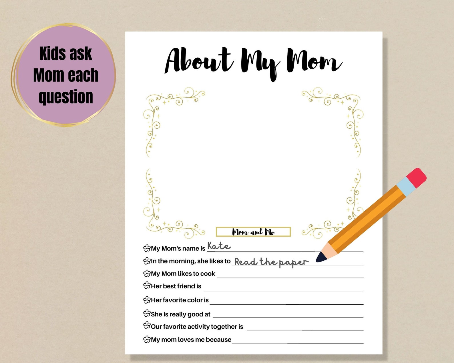 About Mom Kids Activity Page, Questions About Mom - Etsy