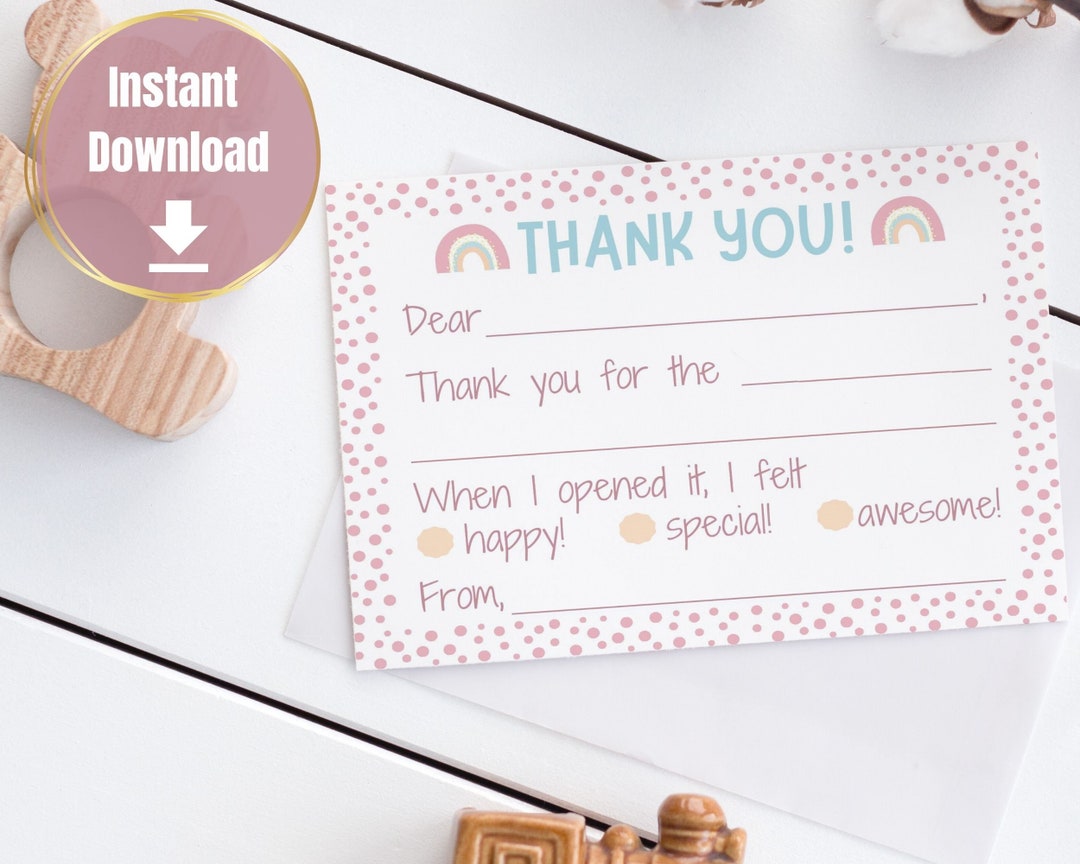Printable Kids Fill in the Blank Thank You Card, Rainbow Thank You Card ...