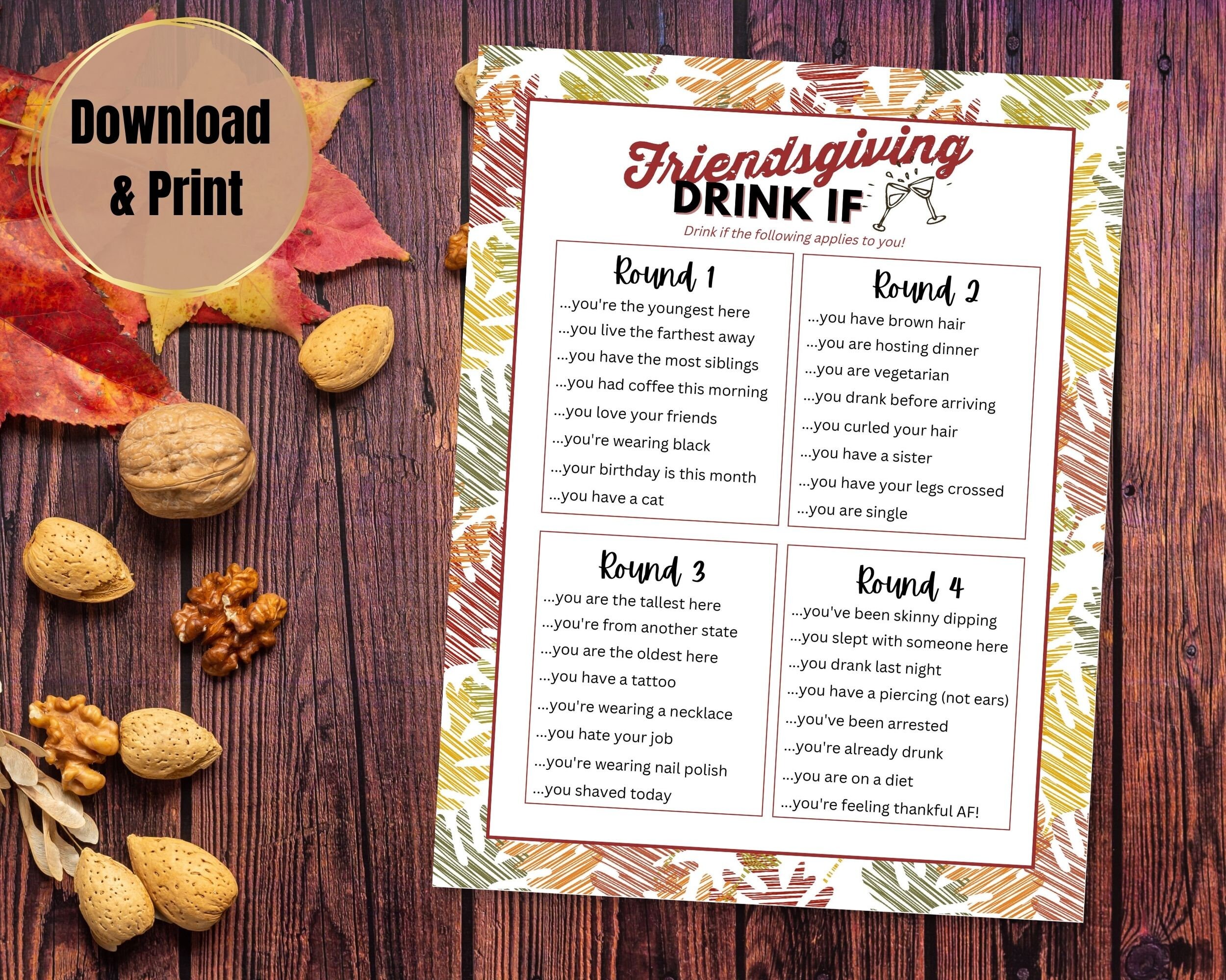 Friendsgiving Drink If Game, Printable Drinking Game, Thanksgiving ...