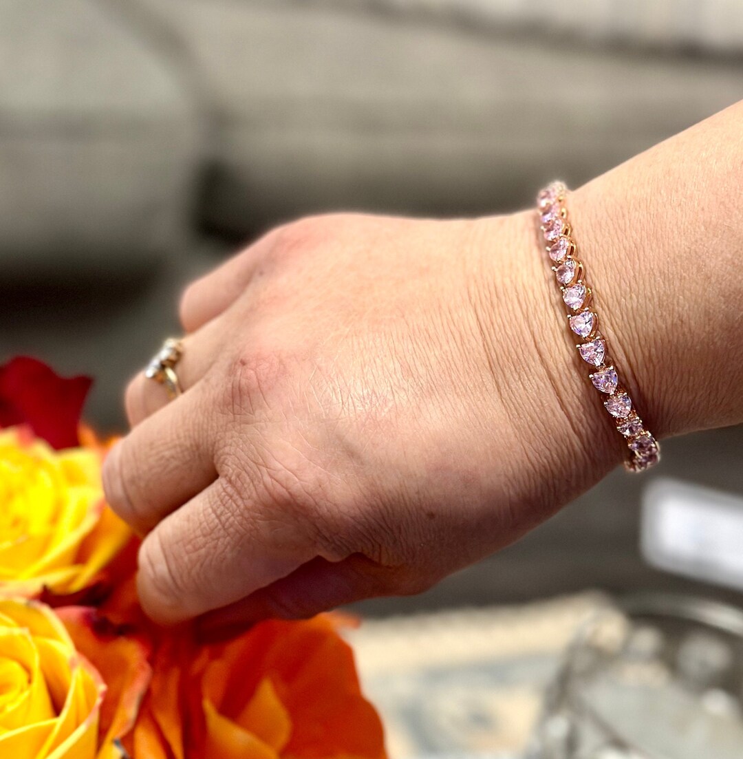 Pink, Gold Rose Bracelet. Cubic Zirconia. Heart Bracelet. Gifts for Her ...