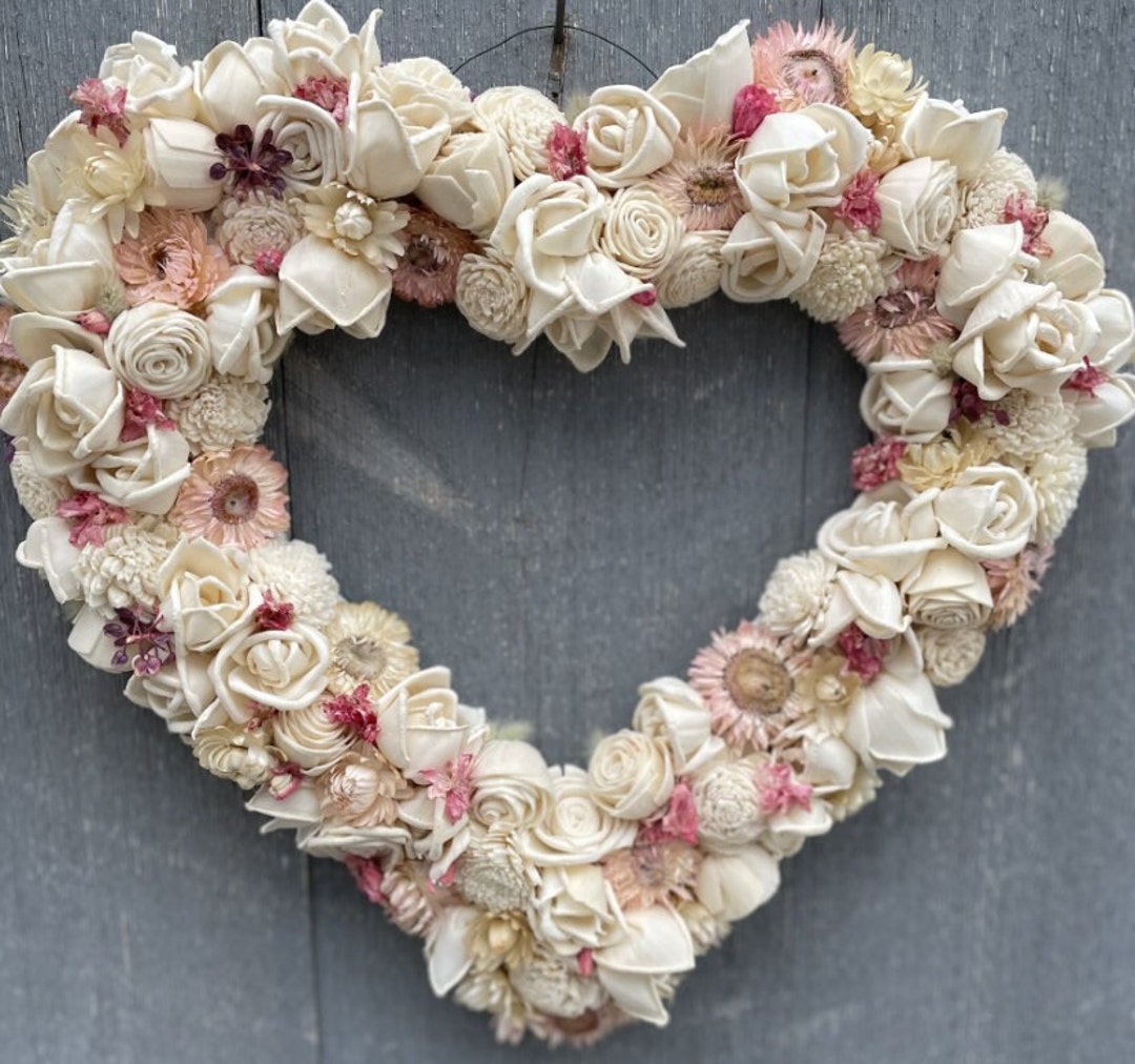 Off-white and Shades of Pink Dried and Sola Wood Flower Heart Wreath ...