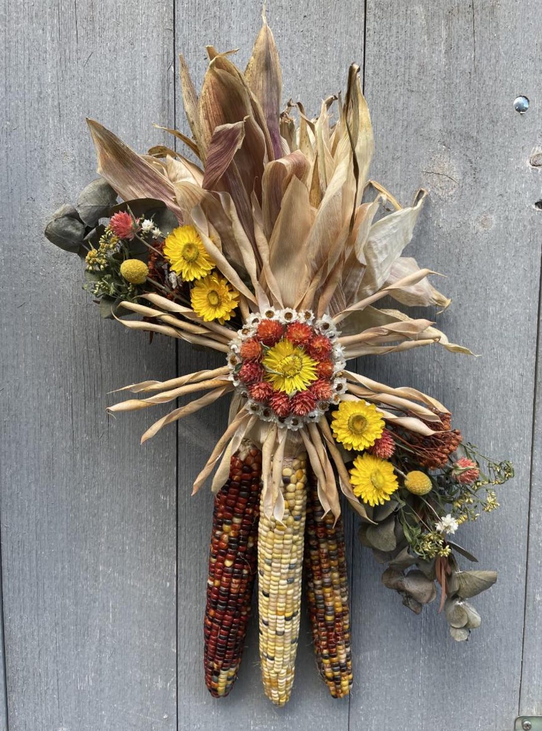 Indian Corn Door Hanger With Handmade Dried Bean Pod Shell Flower ...