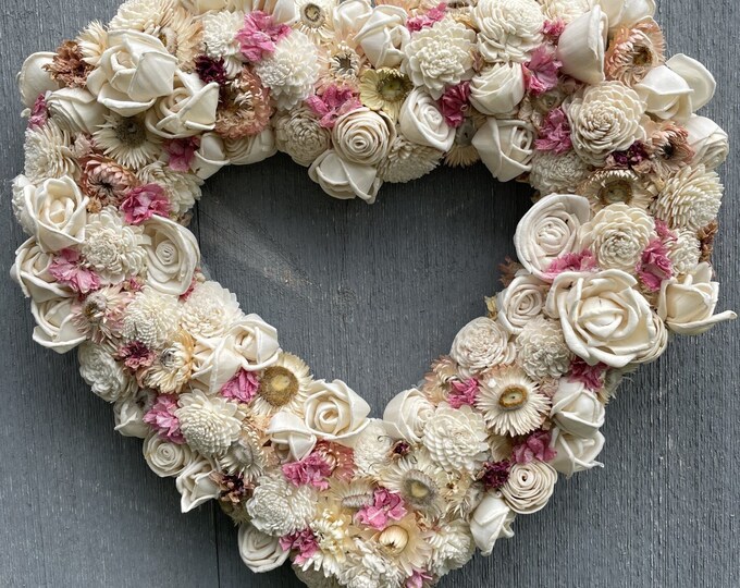 Off-white and Shades of Pink Dried and Wood Flower Heart Wreath ...