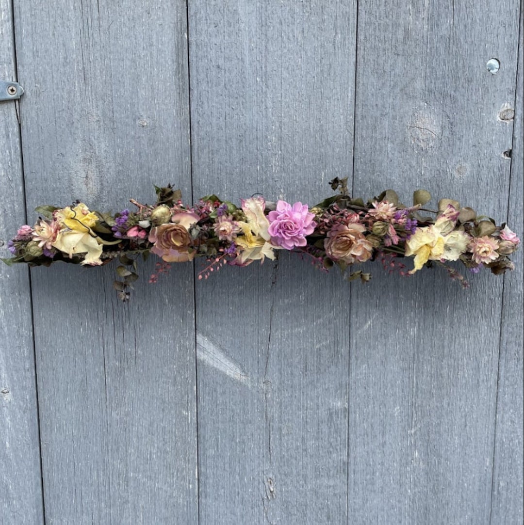 Spring Dried and Wood Flower Swag, Pink and Yellow and Lavender Swag ...