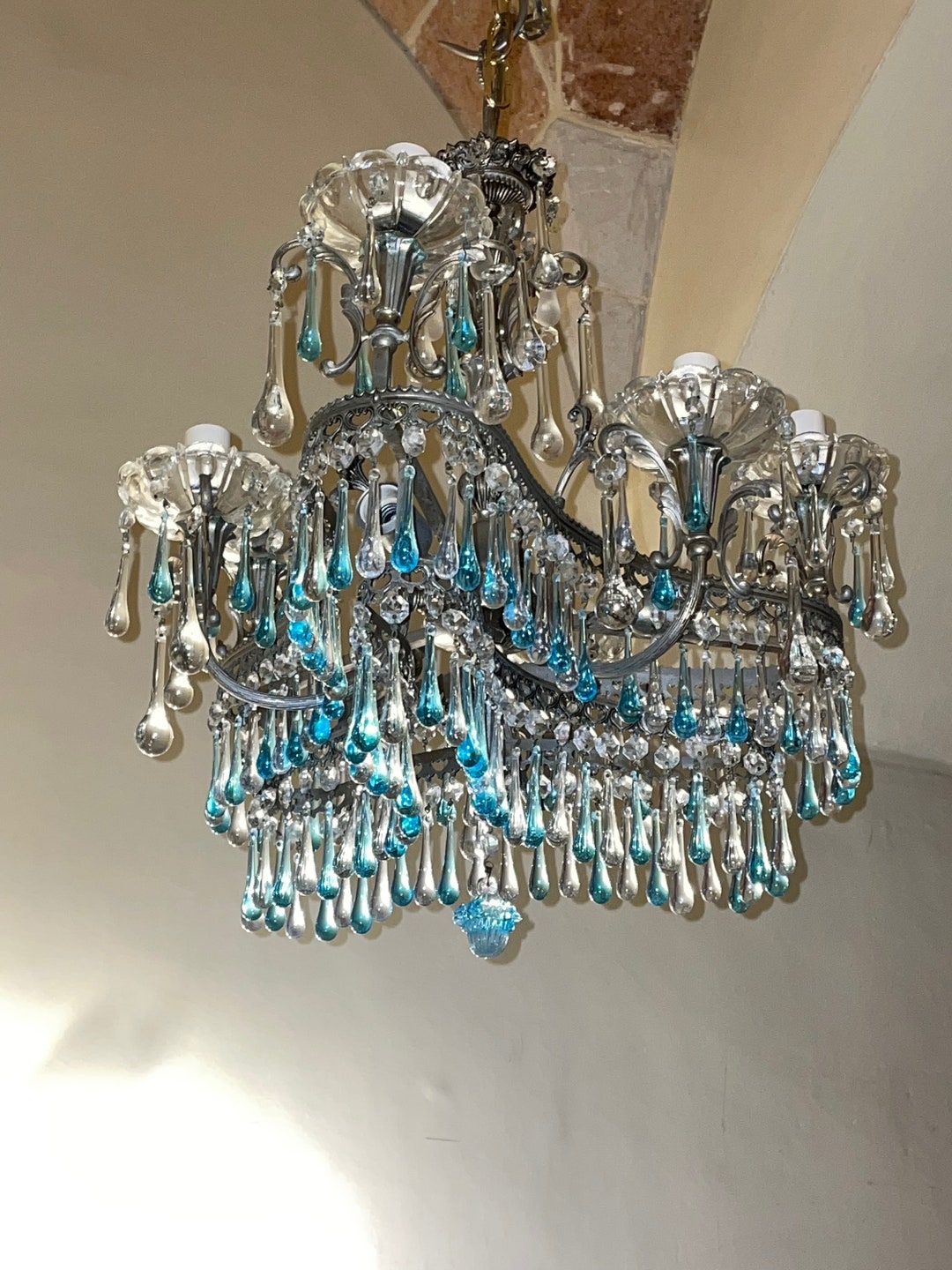 Antique Silver Chandelier .M. Antonietta and Turquoise Murano 9 Lights ...